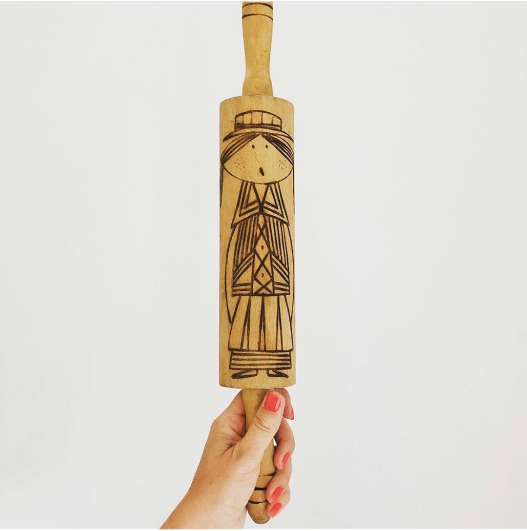 Vintage Wooden Pyrography Folk Art Rolling Pin, Mid Century, Decorative ...