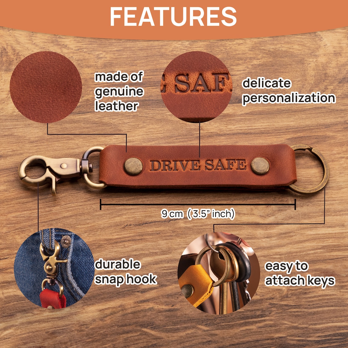 Personalized Leather Keychain With Snap Clip, Leather Key Fob With Snap ...