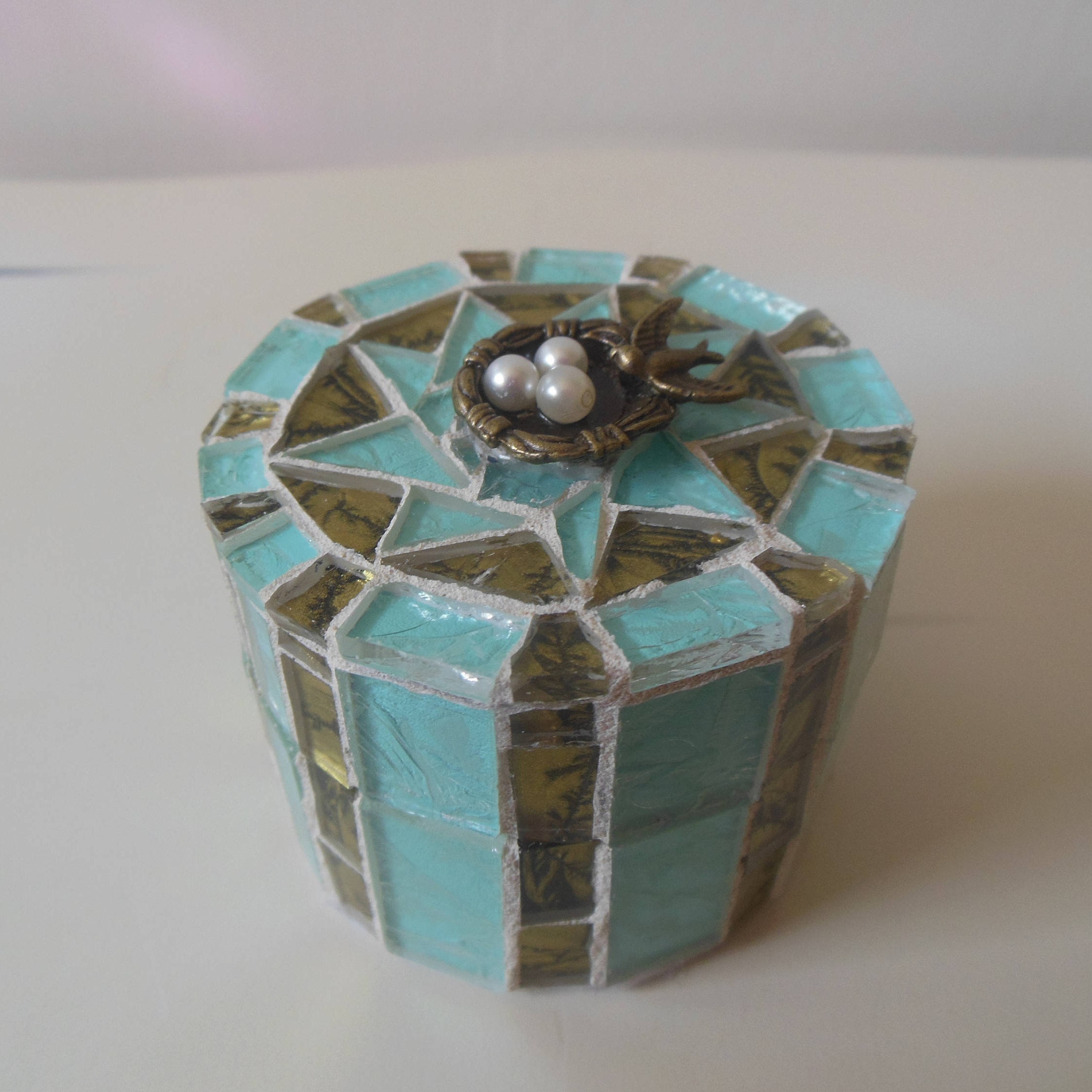 Mosaic, Round, Ocean Blue Glass and Van Gogh Tiled Jewelry, Trinket ...