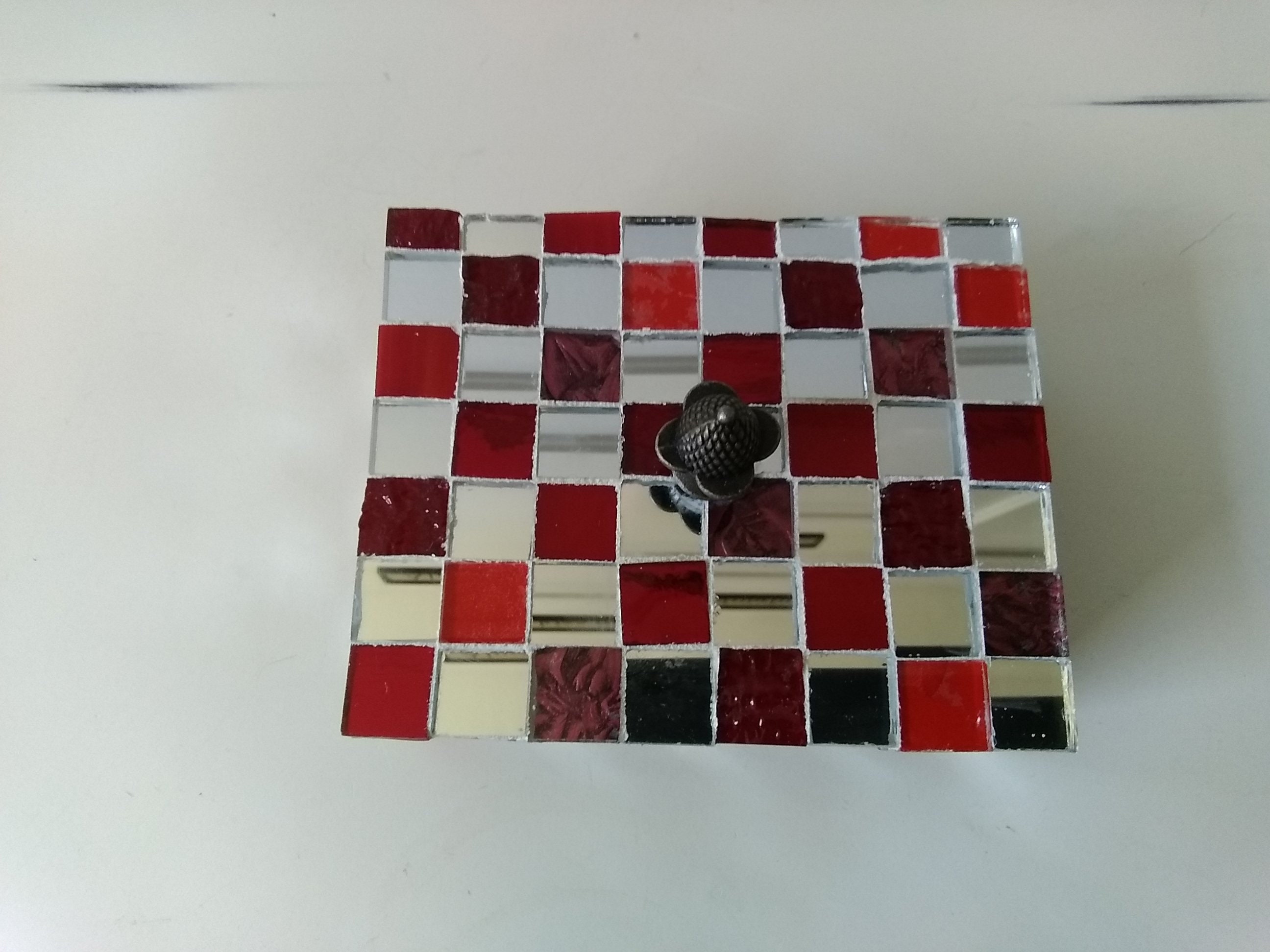 Multi Red Mosaic Stained Glass and Mirror Tiled Checkerboard Trinket ...