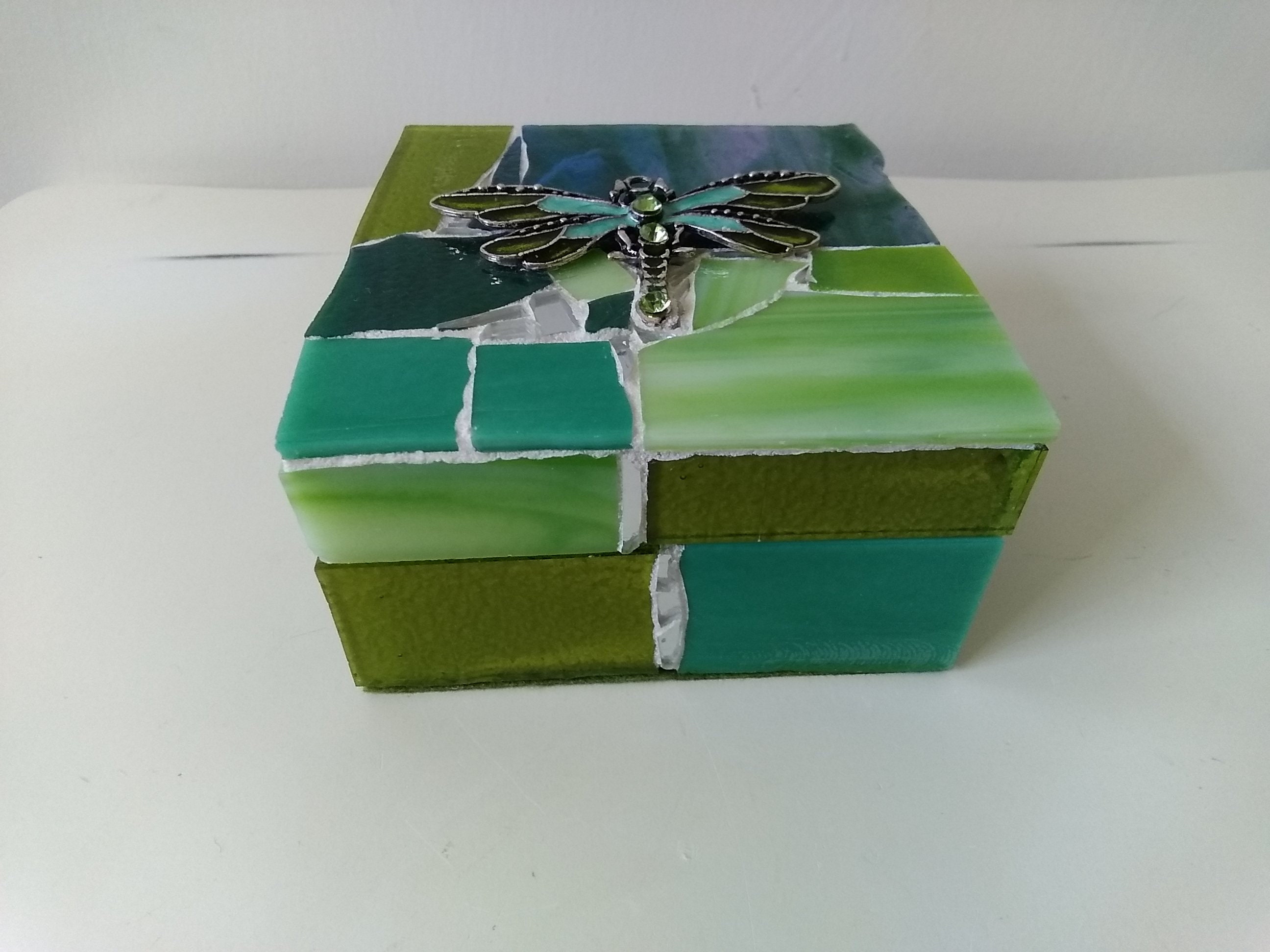 Green Stained Glass and Mirror Square Trinket, Jewlery, Gift Box with ...