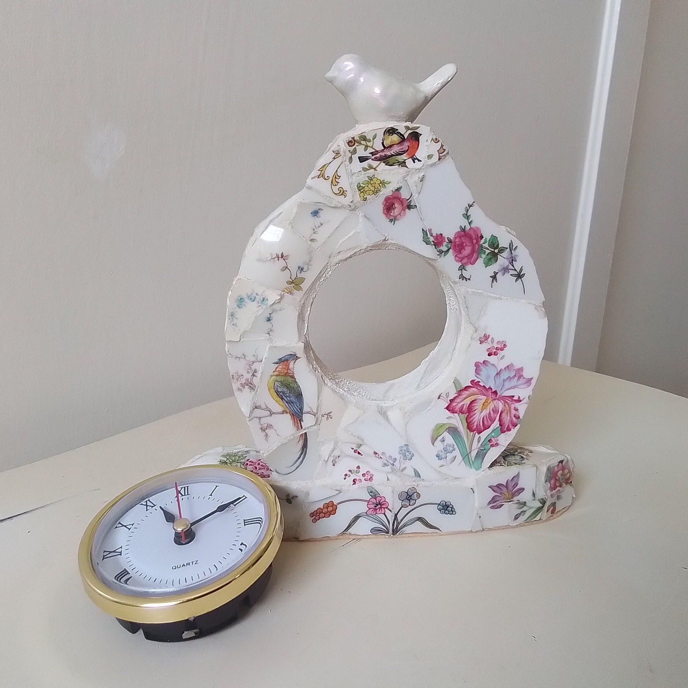 Mosaic Floral and Birds Antique China Two Face Display Tabletop Working ...