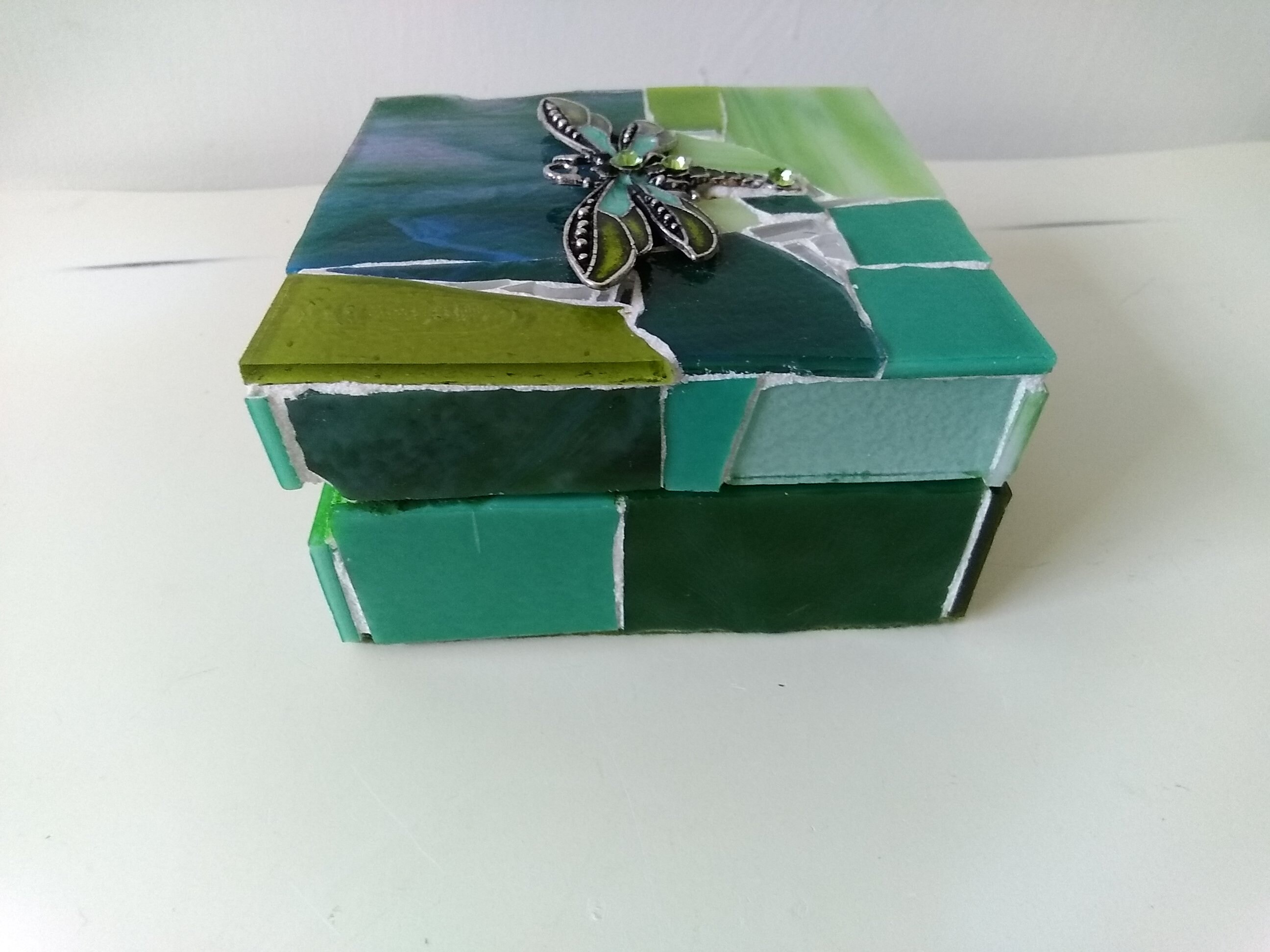 Green Stained Glass and Mirror Square Trinket, Jewlery, Gift Box with ...