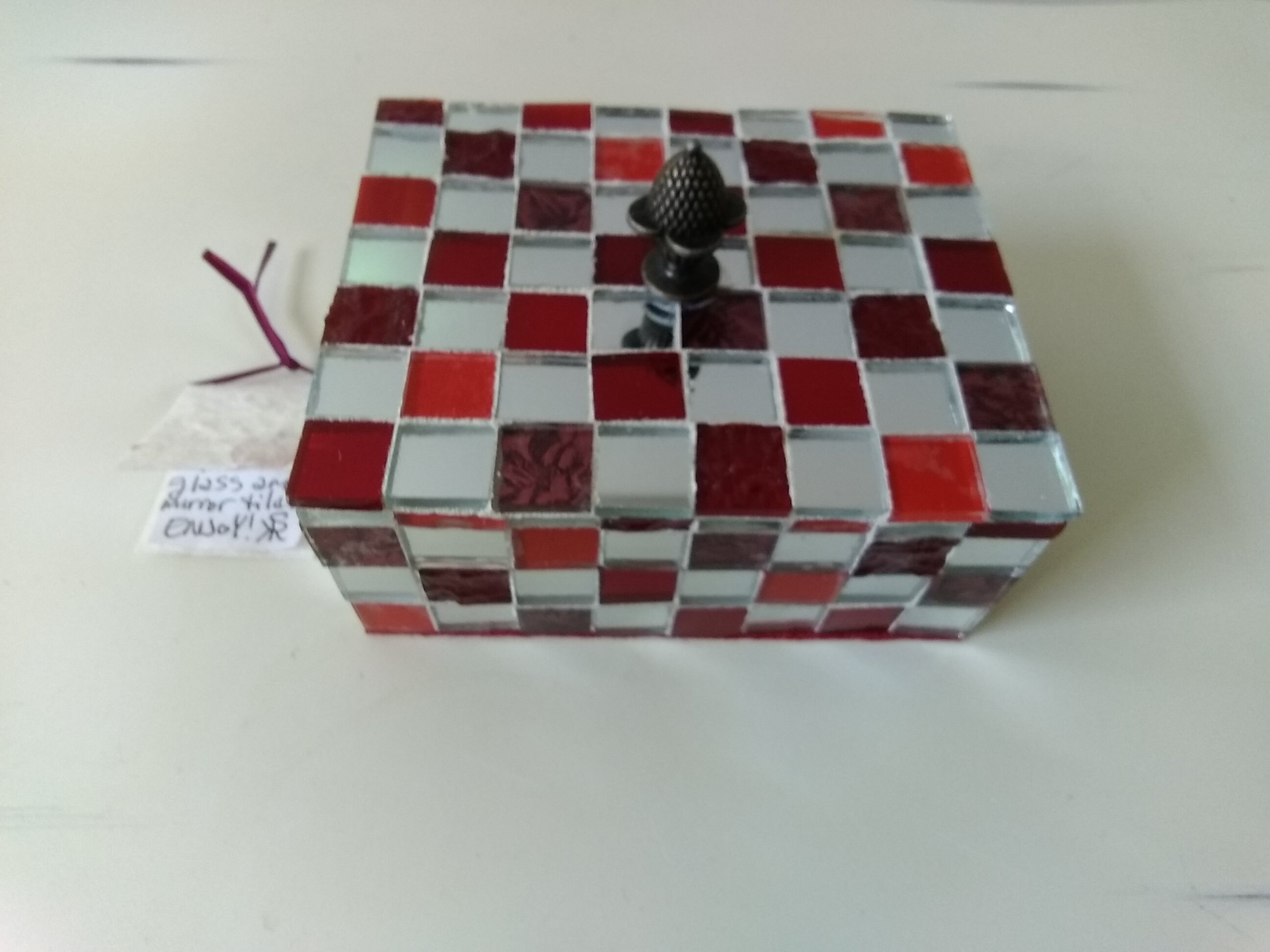 Multi Red Mosaic Stained Glass and Mirror Tiled Checkerboard Trinket ...