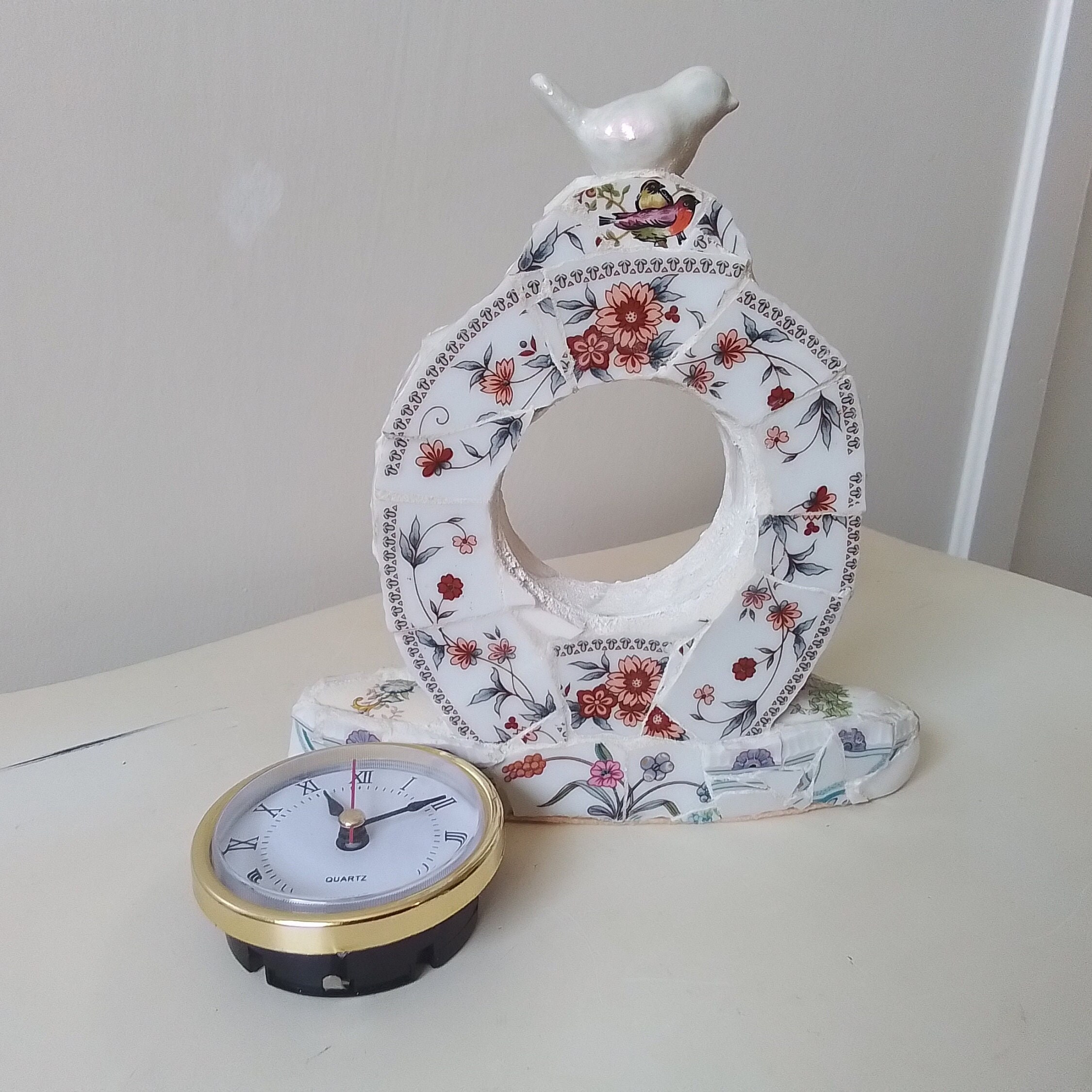 Mosaic Floral and Birds Antique China Two Face Display Tabletop Working ...