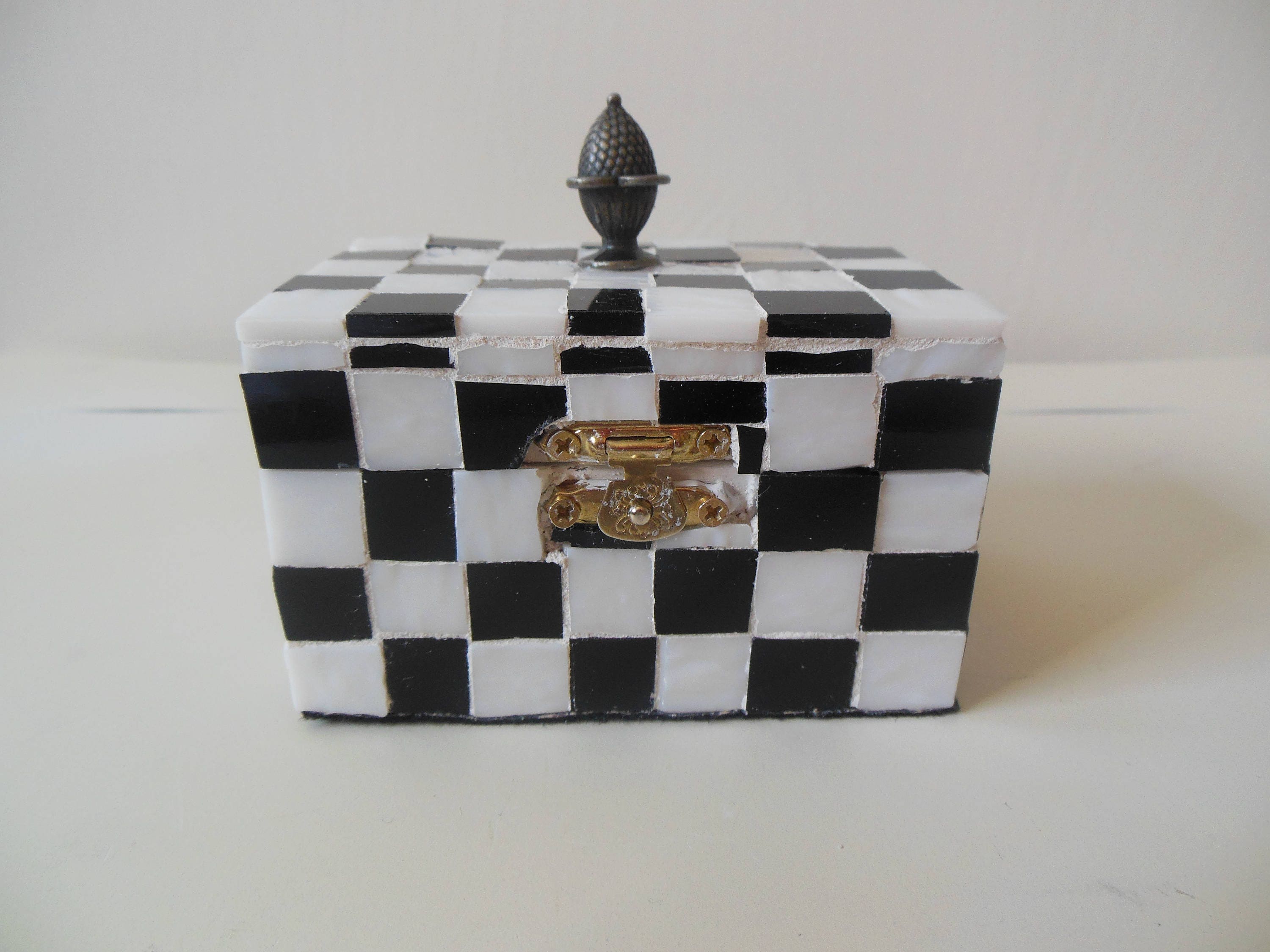 Black and White Stained Glass Checkerboard Rectangle, Hinged, Jewelry ...