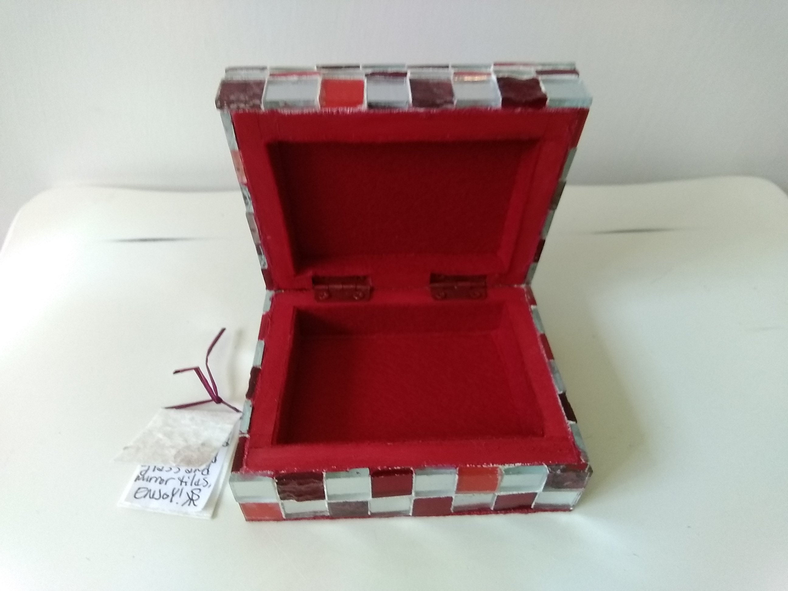 Multi Red Mosaic Stained Glass and Mirror Tiled Checkerboard Trinket ...