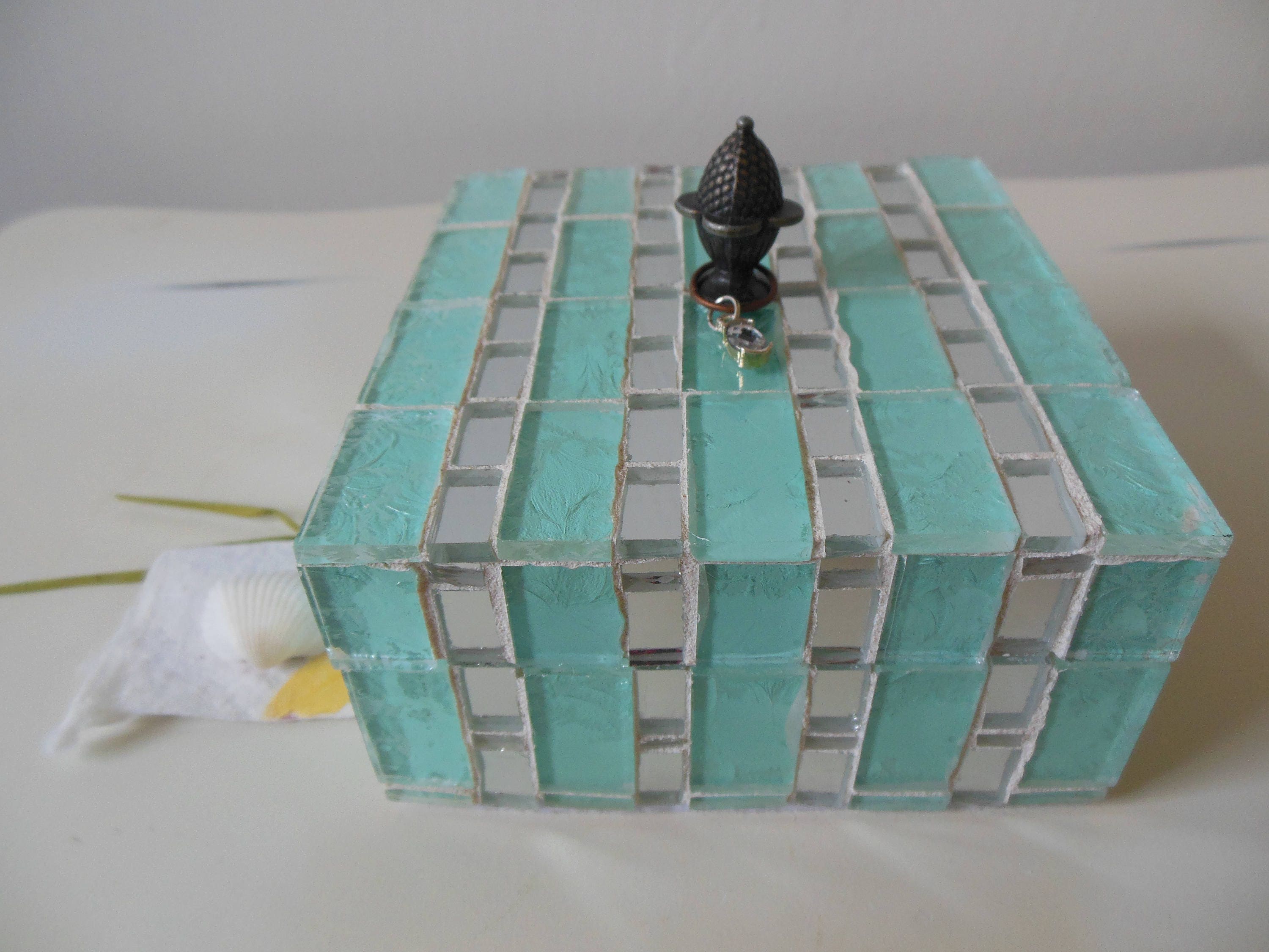 Tiffany Blue Embossed Glass Tile and Mirrored Square Trinket, Jewelry ...