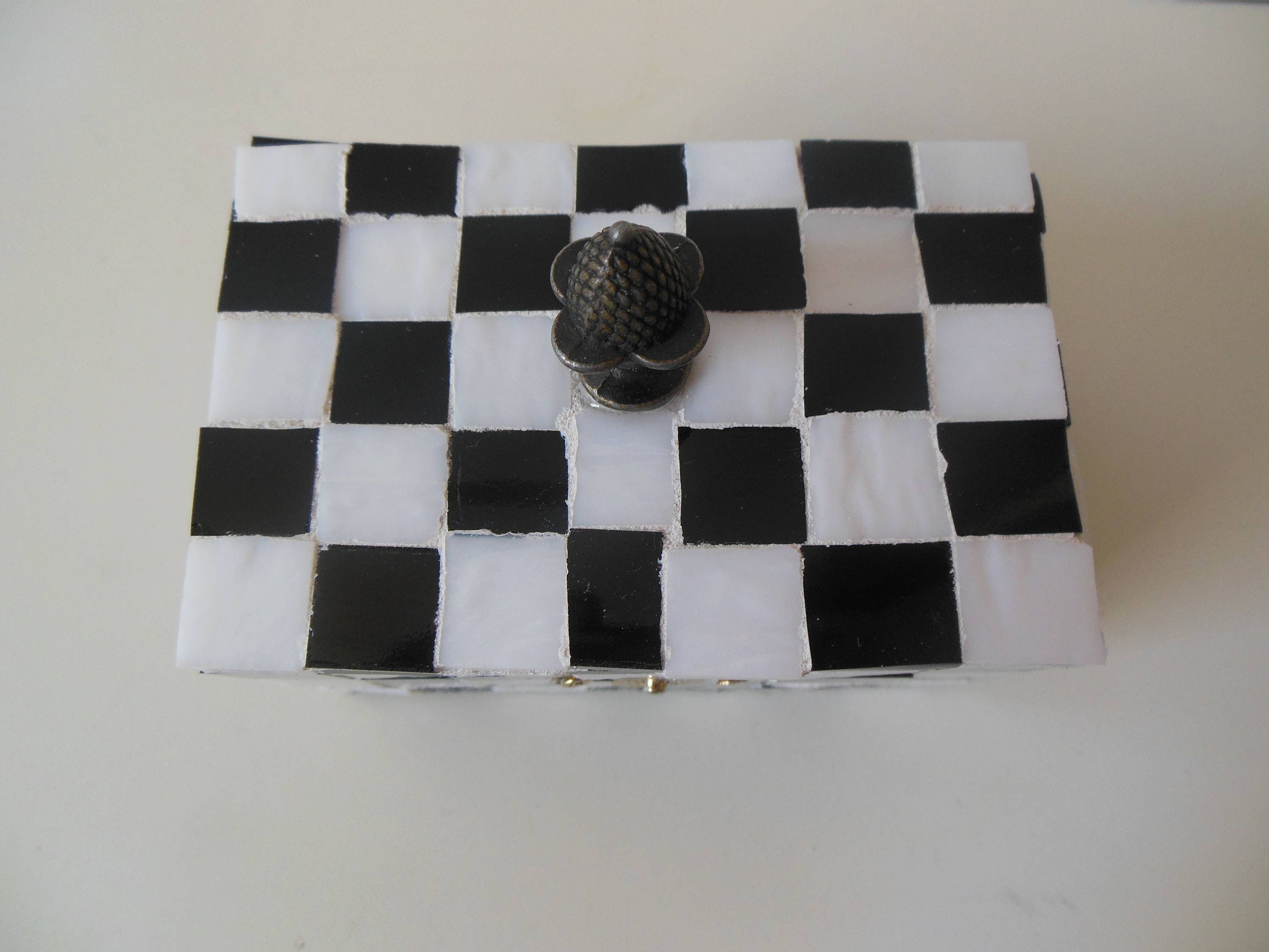 Black and White Stained Glass Checkerboard Rectangle, Hinged, Jewelry ...