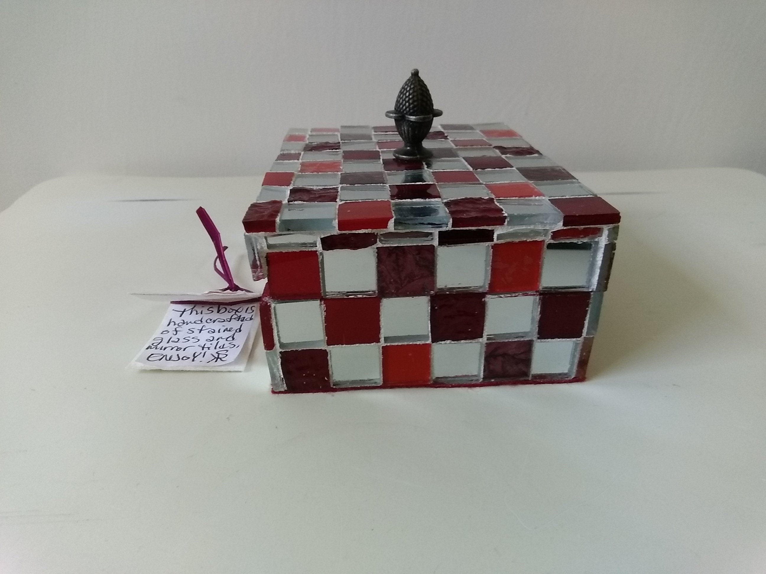 Multi Red Mosaic Stained Glass and Mirror Tiled Checkerboard Trinket ...