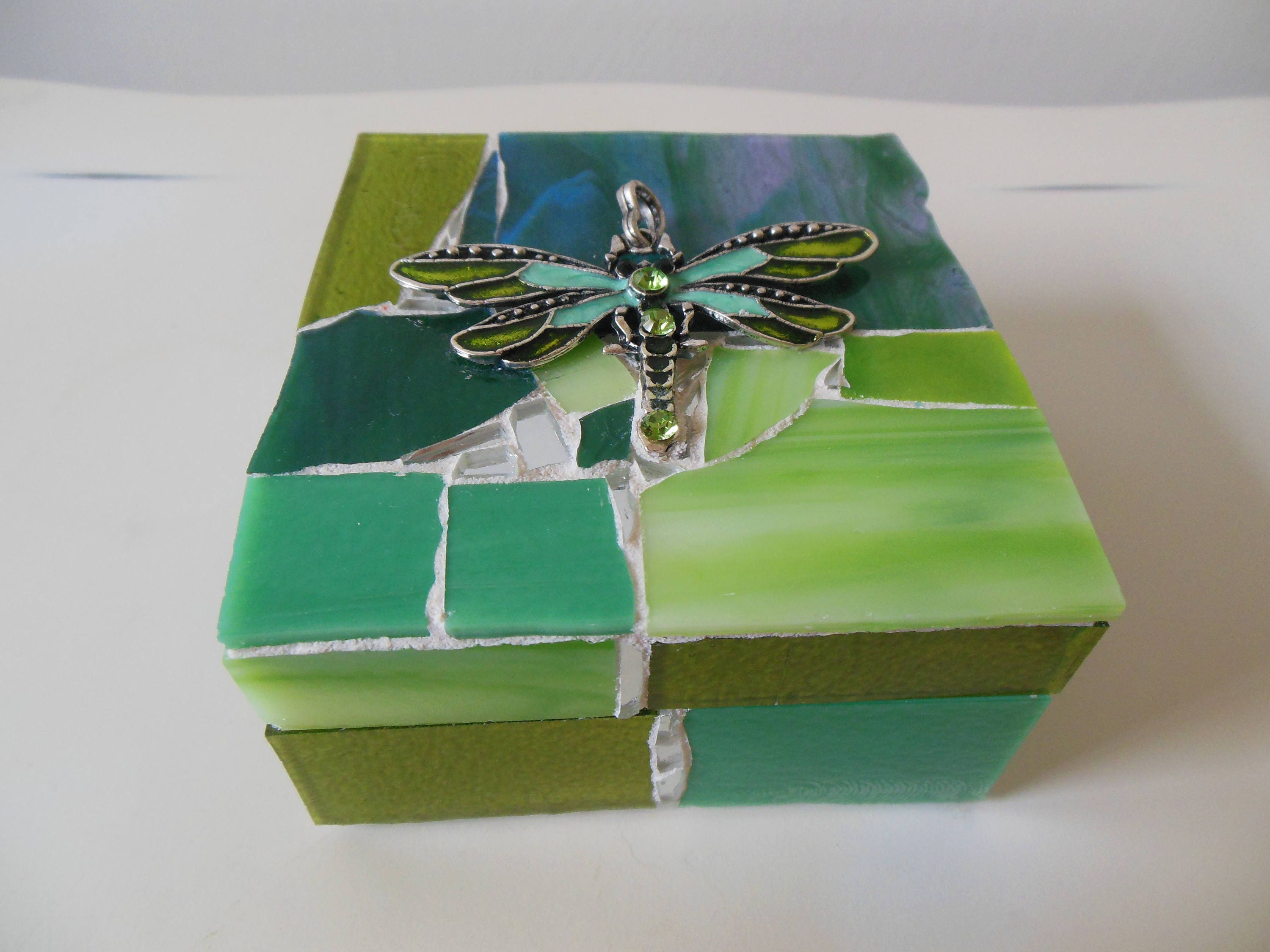 Green Stained Glass and Mirror Square Trinket, Jewlery, Gift Box with ...