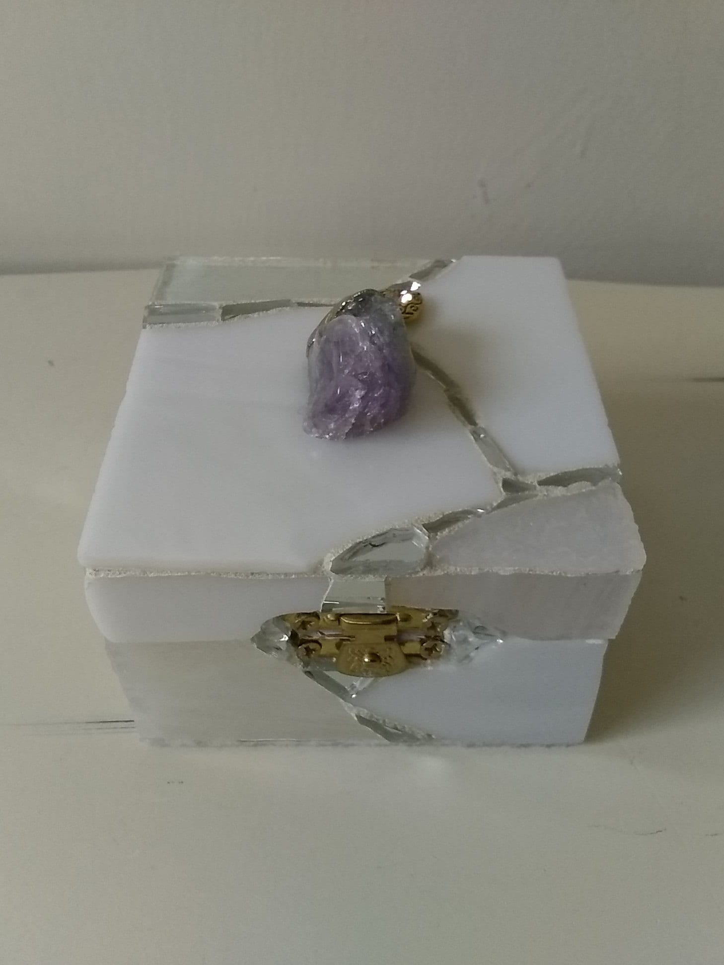 White Stained Glass and Mirrored Square, Hinged, Jewelry, Trinket, Gift ...