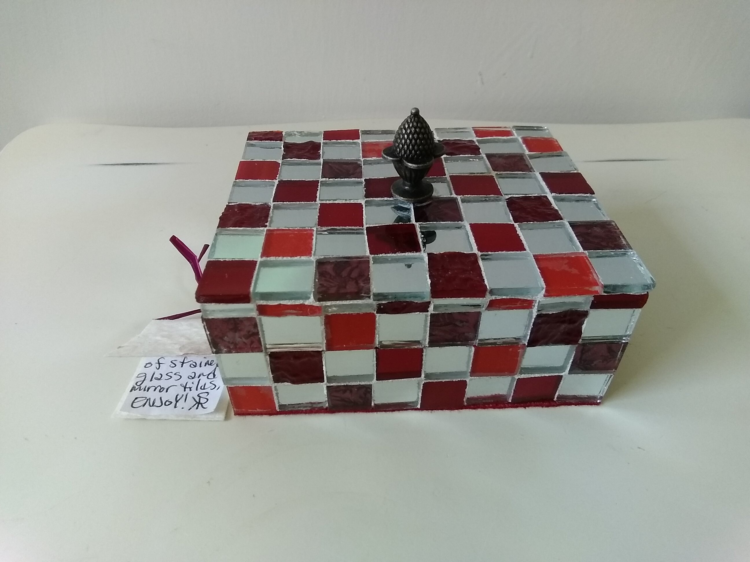 Multi Red Mosaic Stained Glass and Mirror Tiled Checkerboard Trinket ...