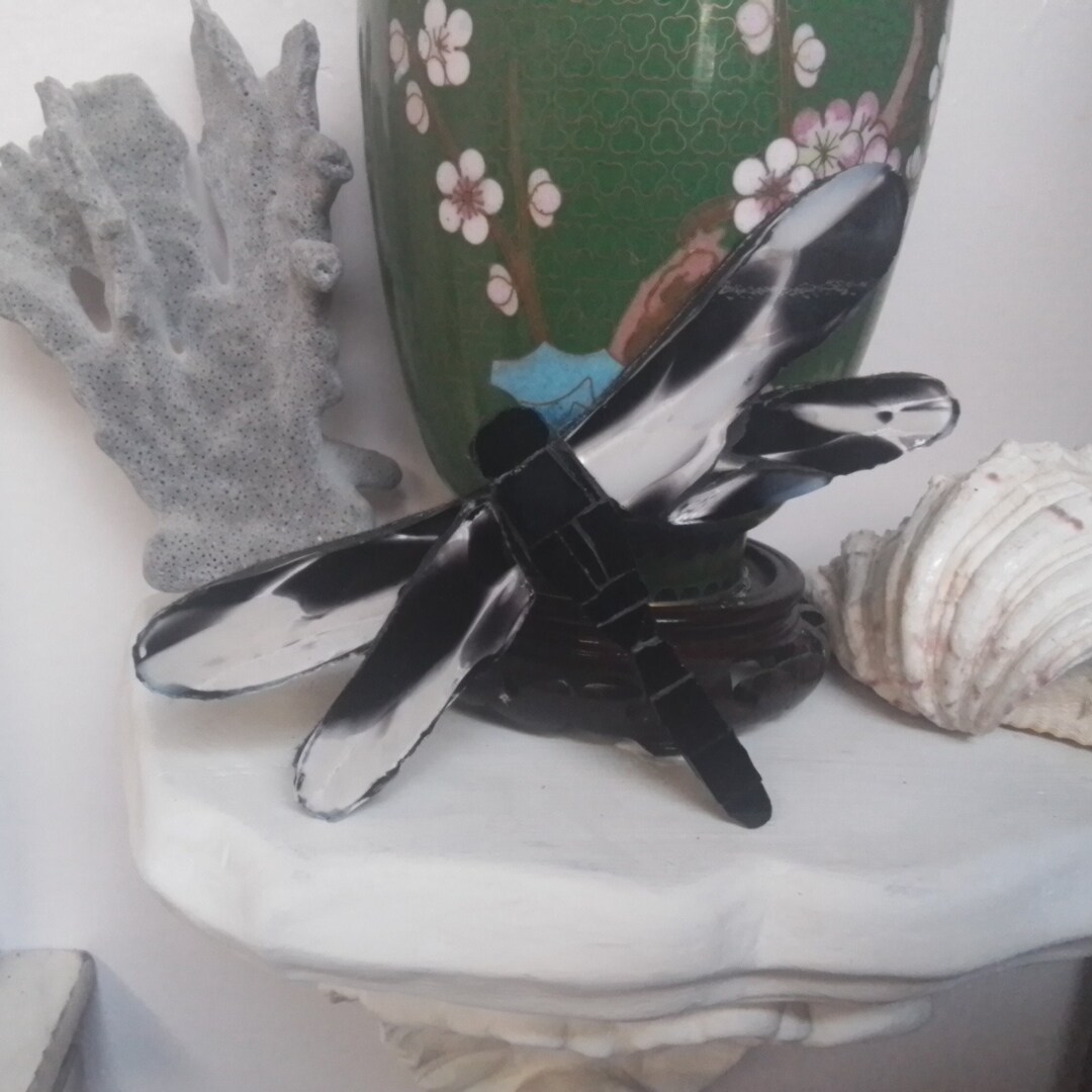Mosaic Black and White Stained and Art Glass Hanging Dragonfly - Etsy