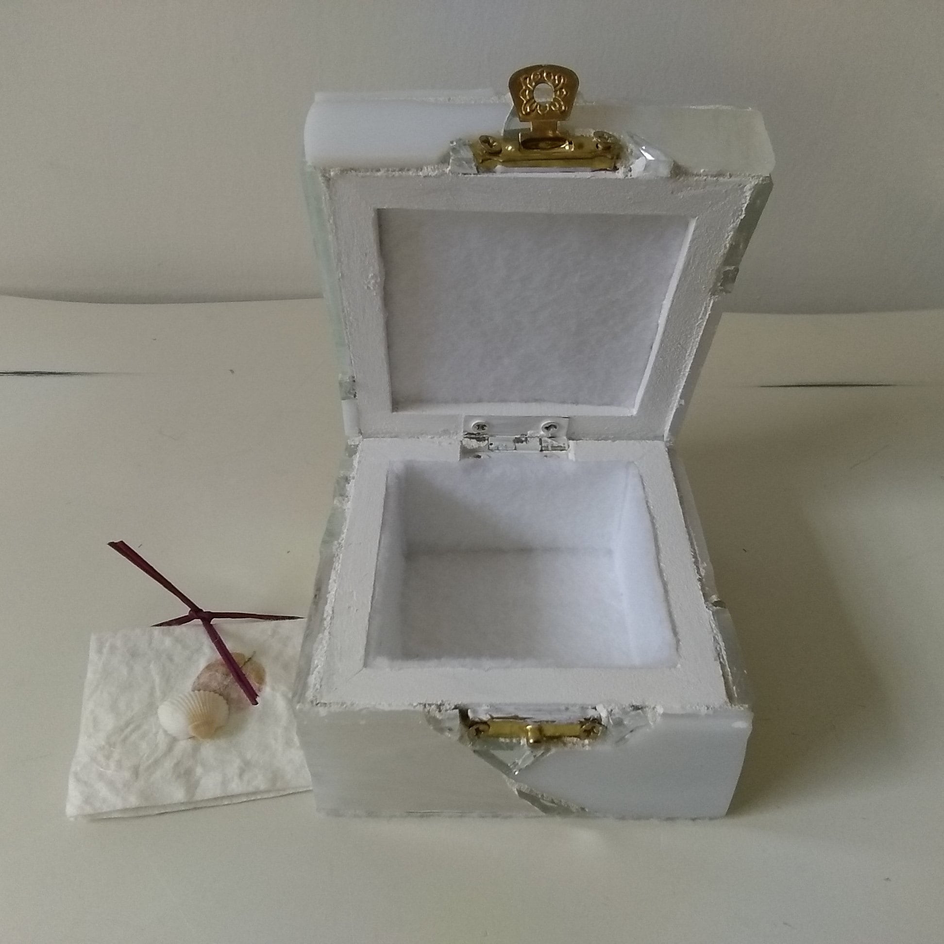 White Stained Glass and Mirrored Square, Hinged, Jewelry, Trinket, Gift ...