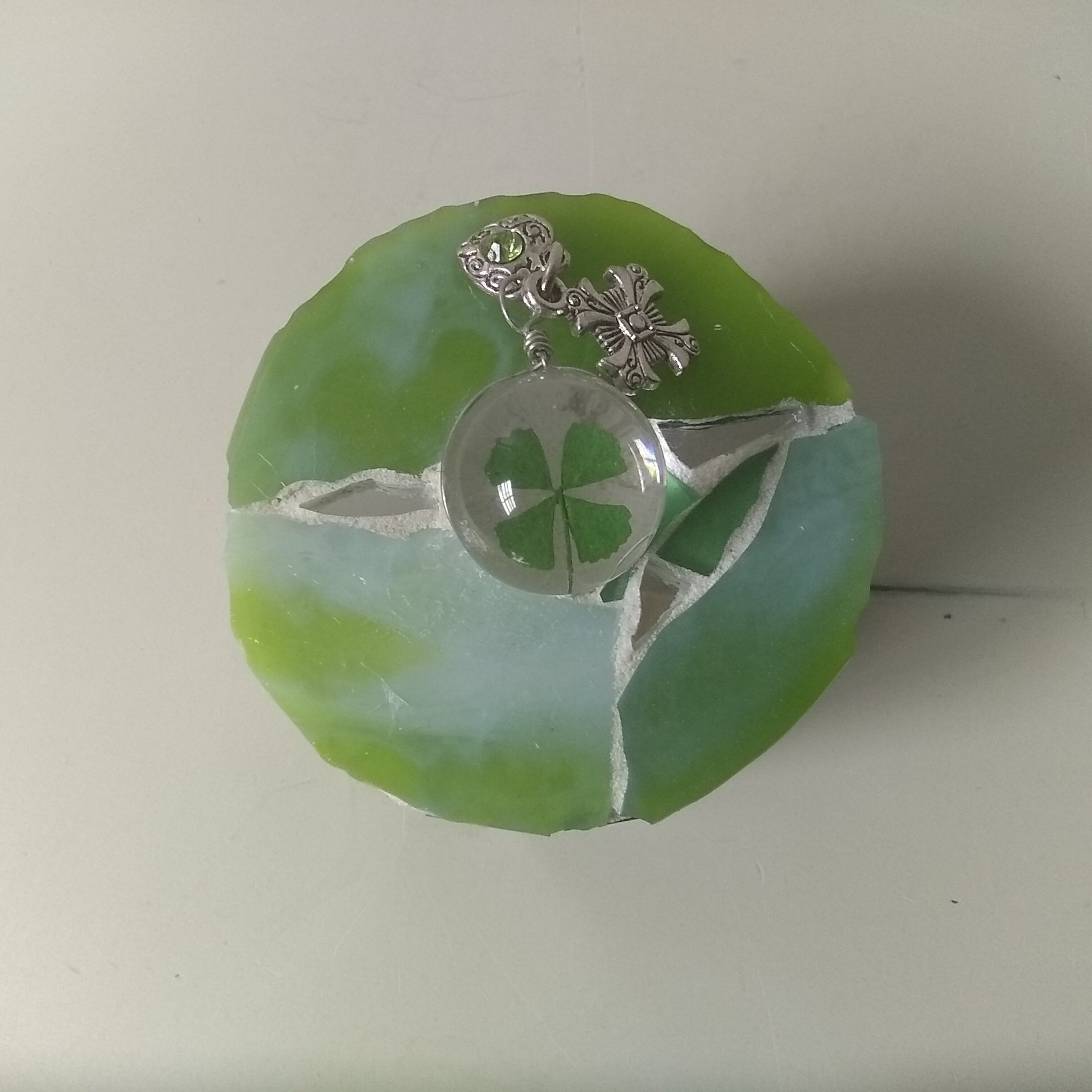 Mosaic Green Stained Glass and Mirror Jewelry, Trinket, Keepsake, Gift ...