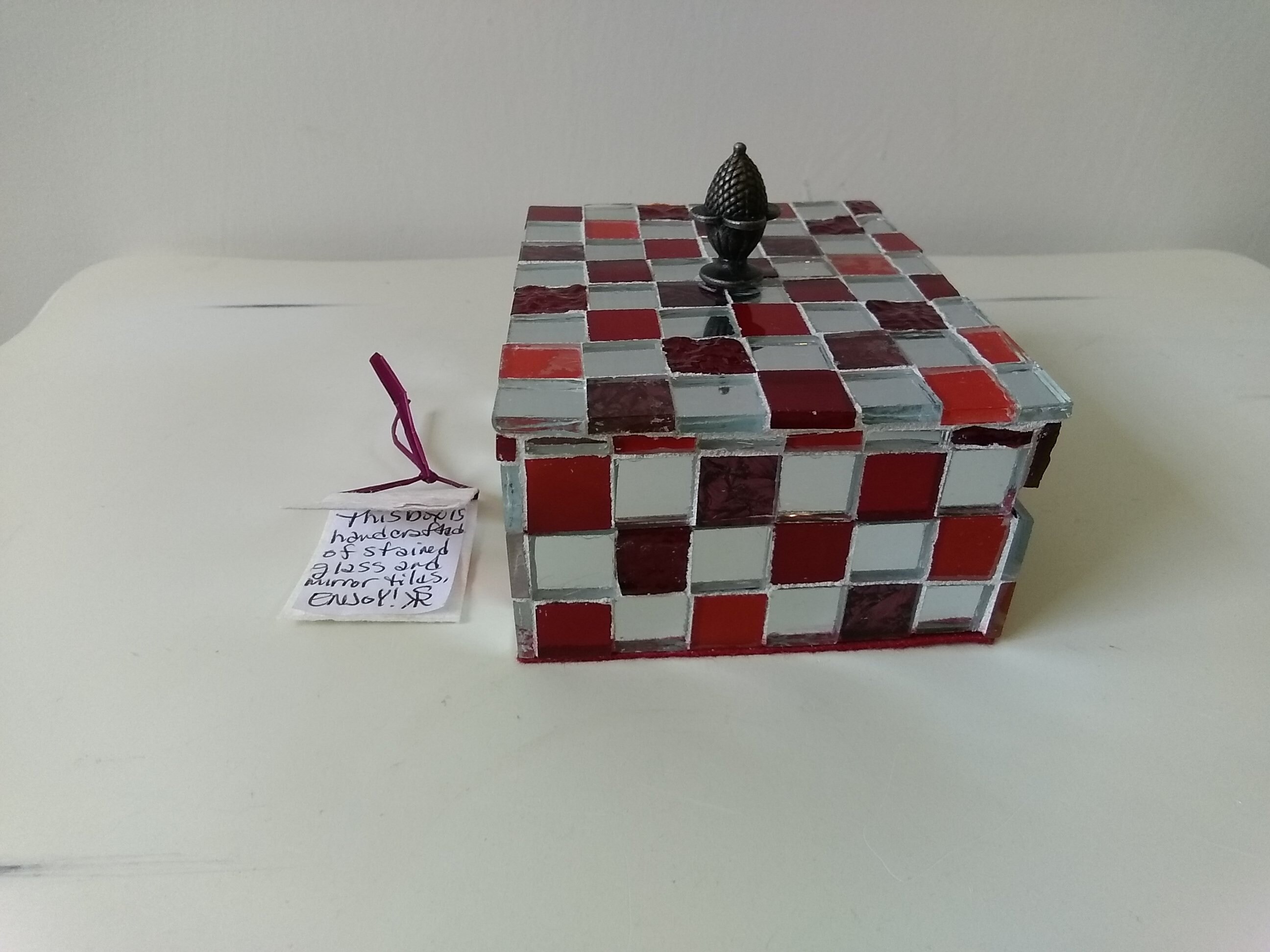 Multi Red Mosaic Stained Glass and Mirror Tiled Checkerboard Trinket ...