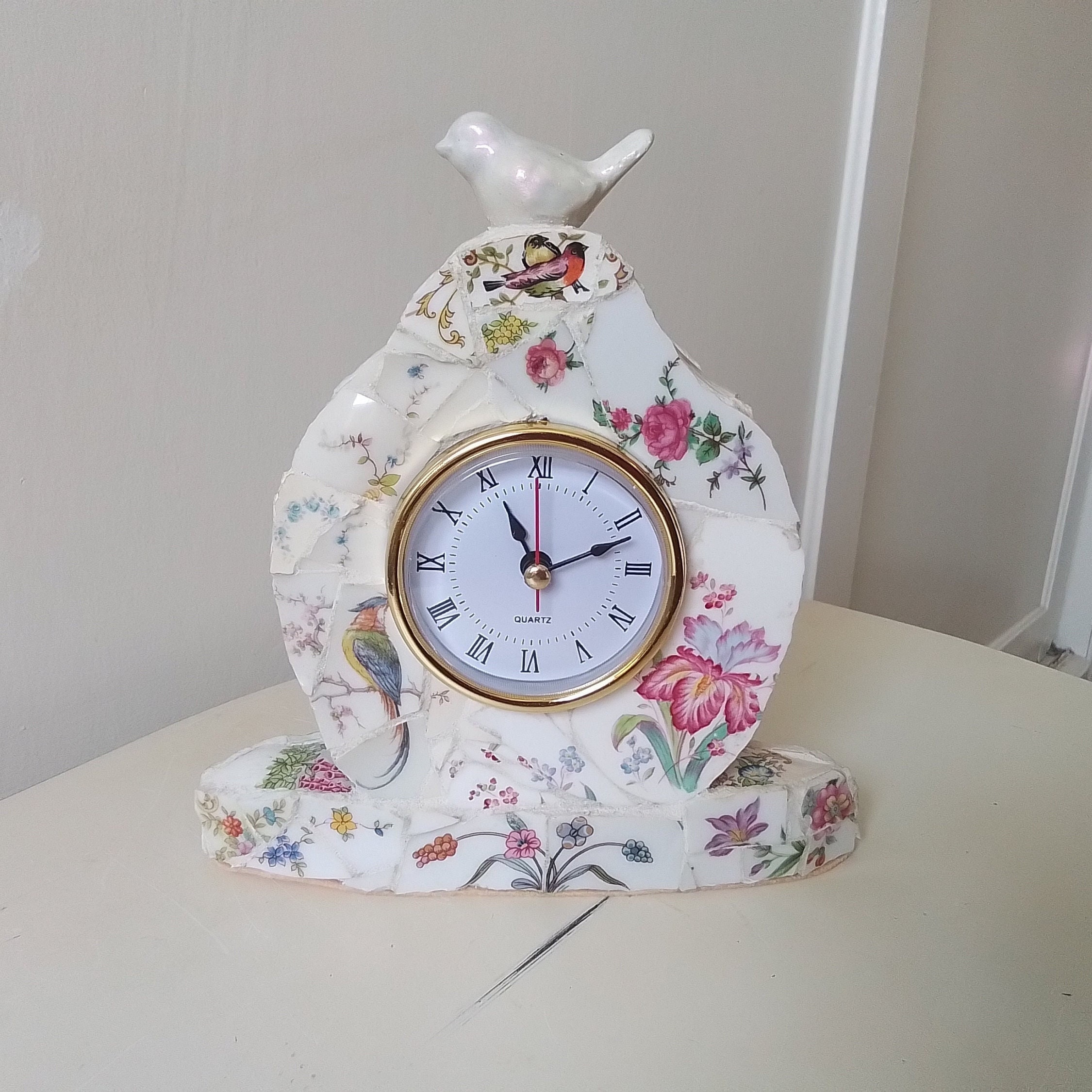 Mosaic Floral and Birds Antique China Two Face Display Tabletop Working ...