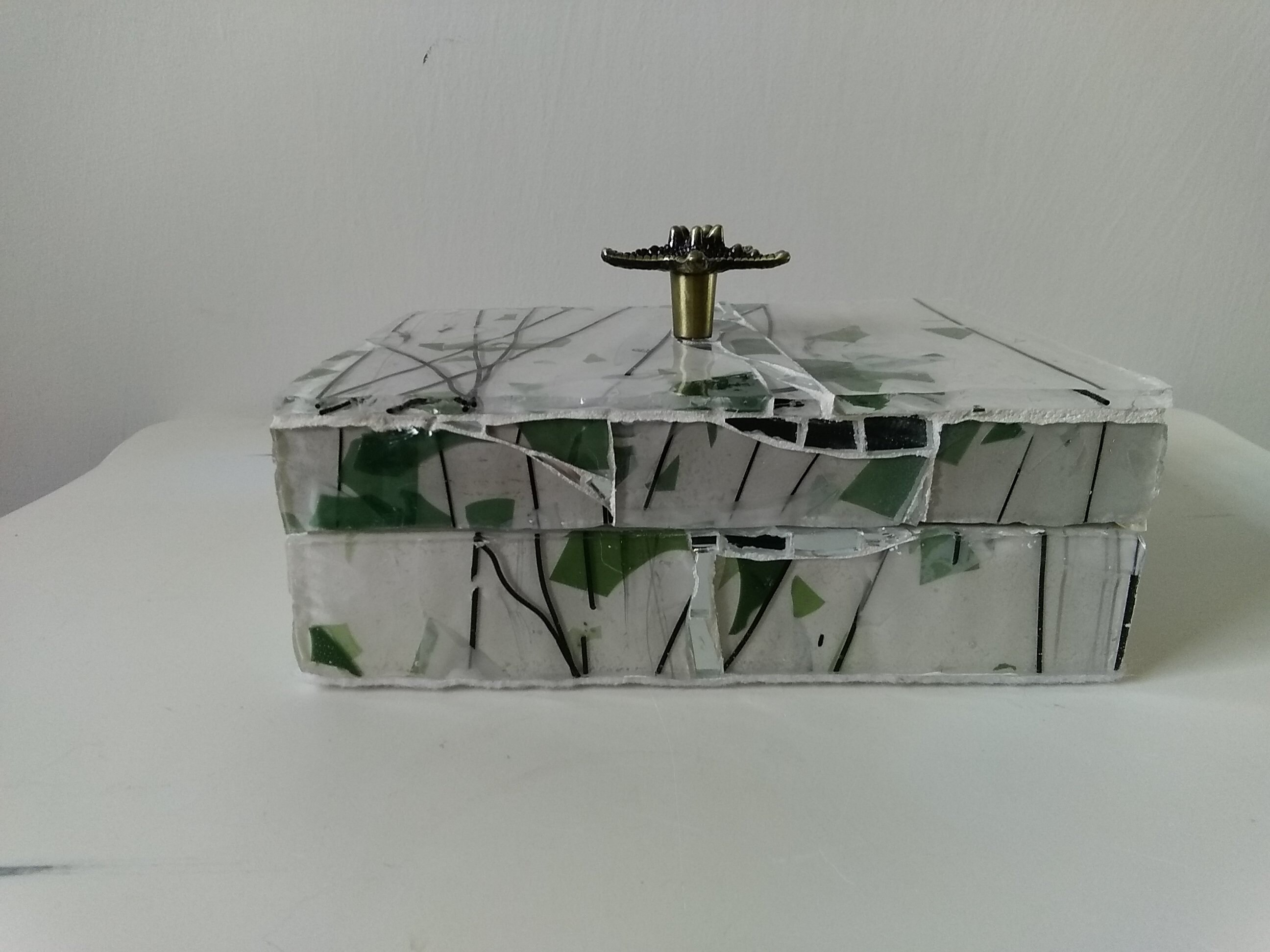 Fused Green and White Stained Glass and Mirror Large Hinged Jewelry ...