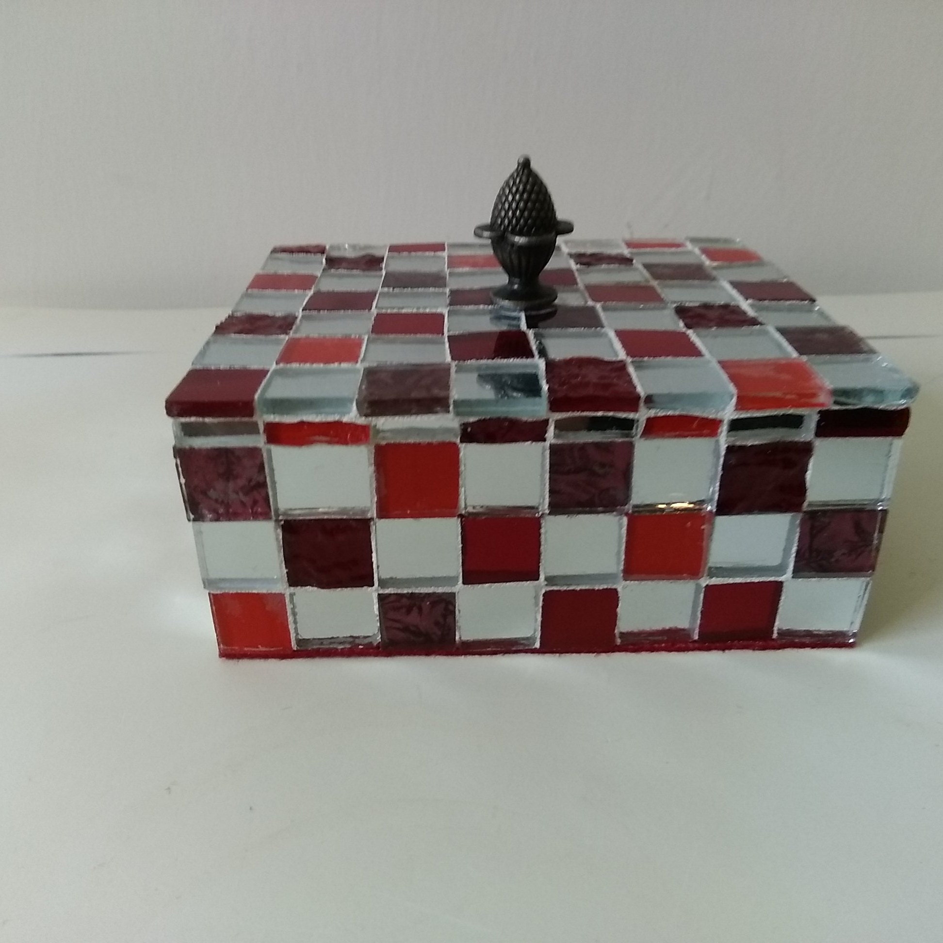 Multi Red Mosaic Stained Glass and Mirror Tiled Checkerboard Trinket ...