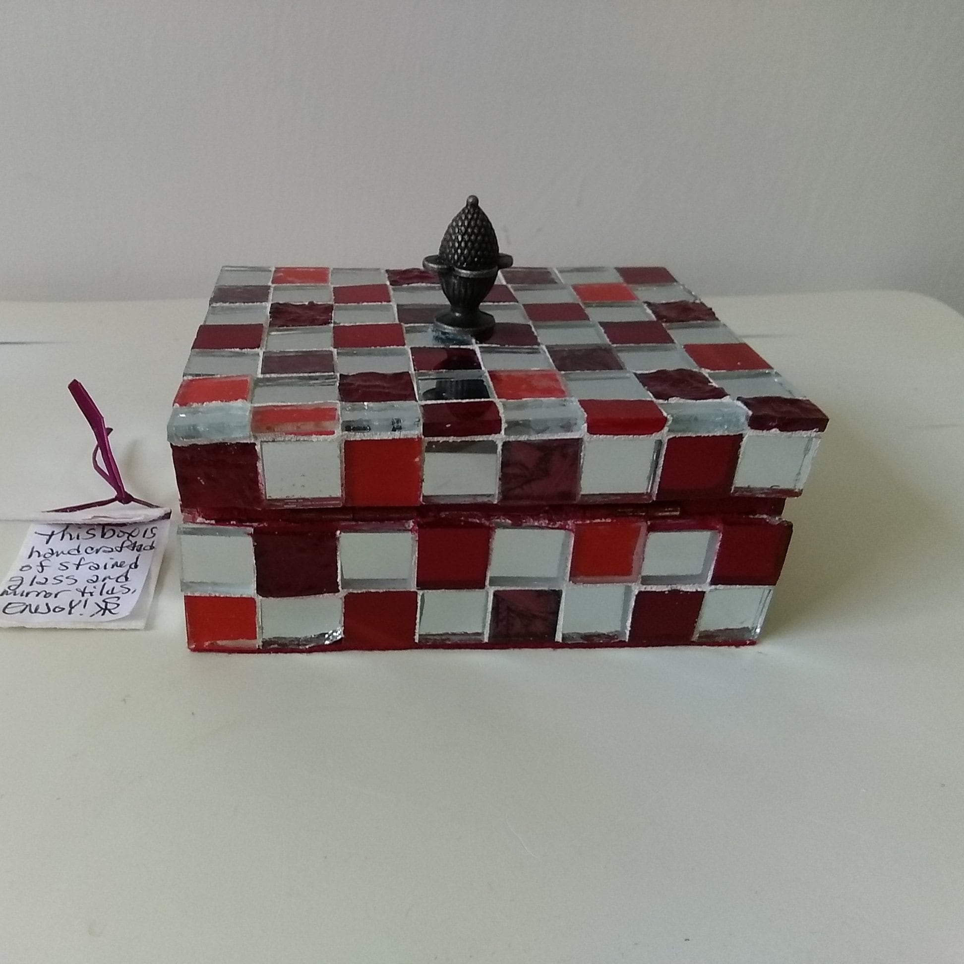 Multi Red Mosaic Stained Glass and Mirror Tiled Checkerboard Trinket ...