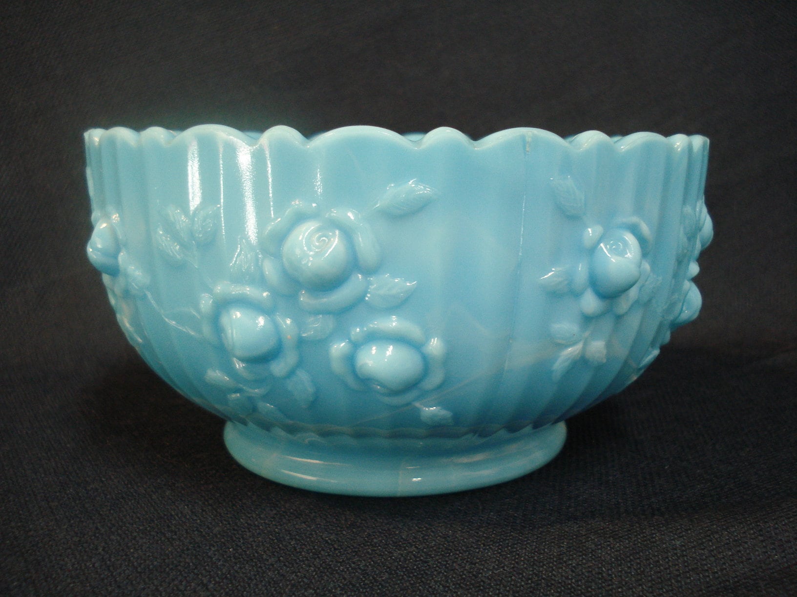 Heavy Fenton Blue Slag Glass Bowl With Cabbage Rose Design | Etsy