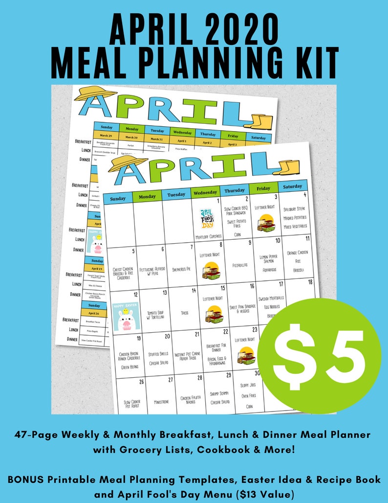 April 2020 Meal Planner | Monthly & Weekly Meal Planner W/ Grocery ...