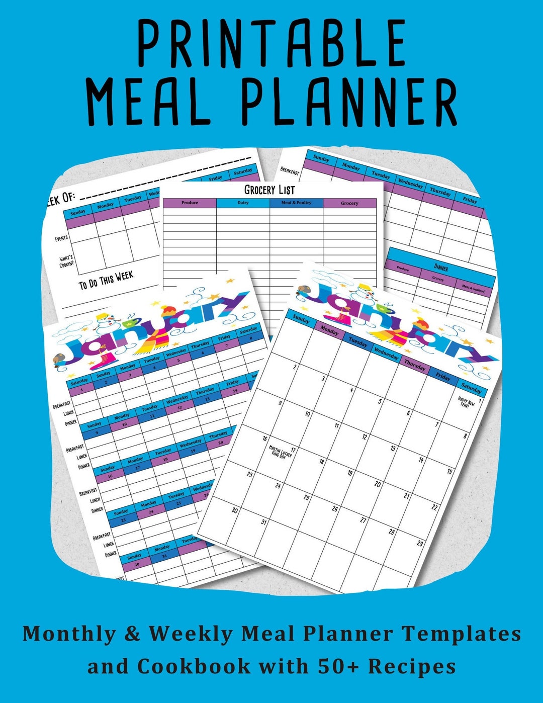 Printable Weekly Meal Plan & Grocery List Meal Planner W/ Cookbook ...