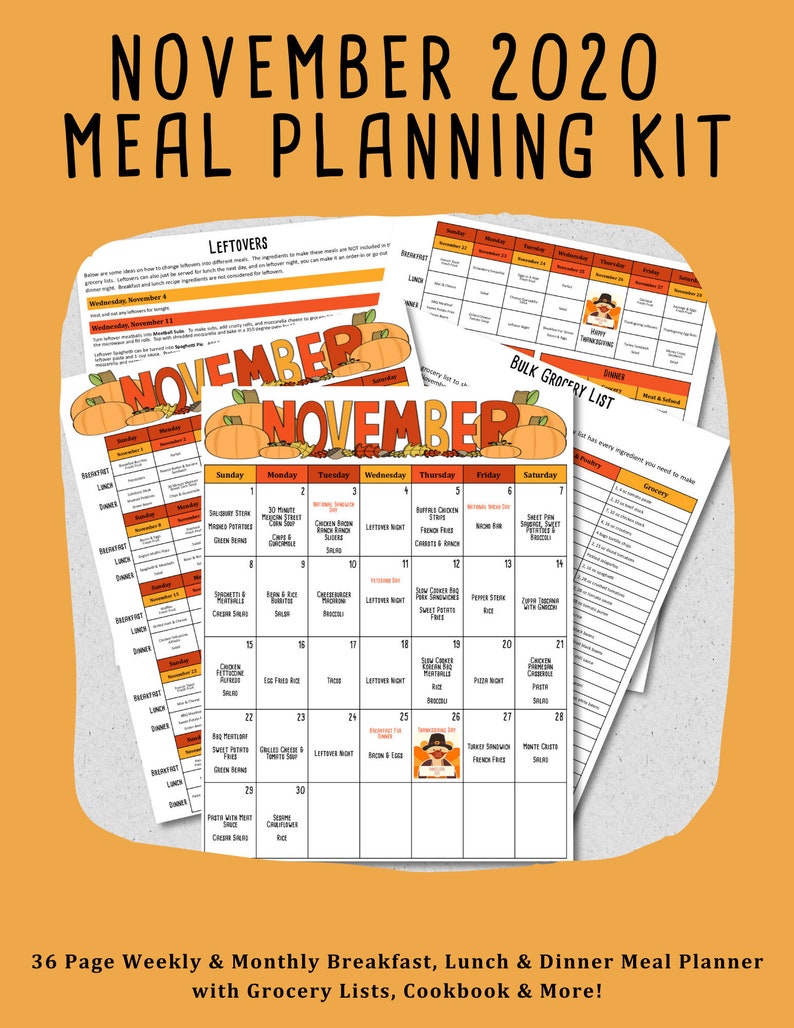 November 2020 Monthly Breakfast, Lunch and Dinner Budget Meal Planner W ...