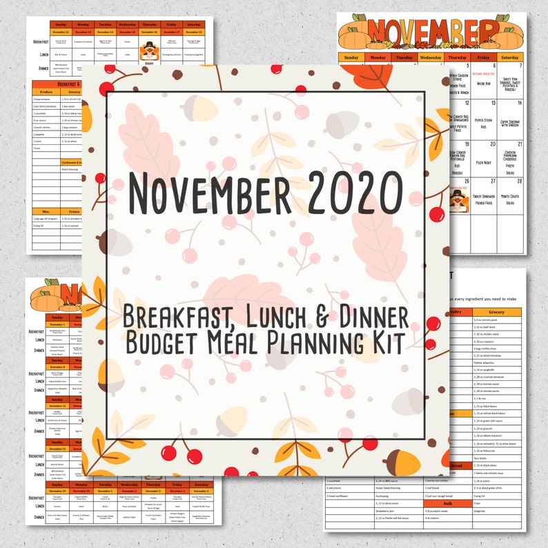 November 2020 Monthly Breakfast, Lunch and Dinner Budget Meal Planner W ...
