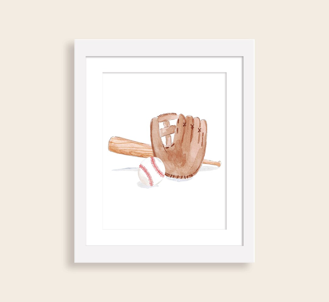 Baseball Watercolor Nursery Wall Art | Baseball, Glove, Bat Nursery ...