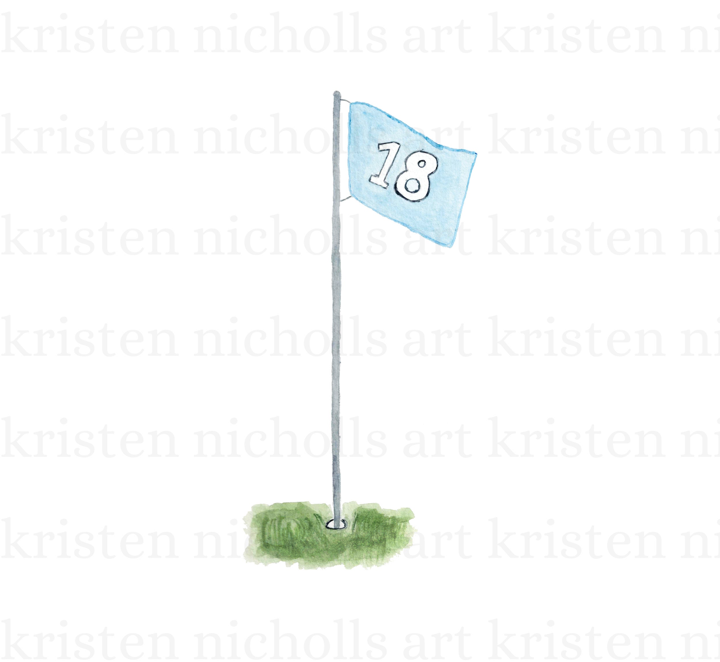 Watercolor 18th Hole Golf Flag and Hole Nursery Decor Art Print | Blue ...