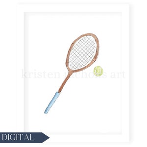 Watercolor Tennis Racket and Ball Wall Art | Girl Sports Wall Art ...
