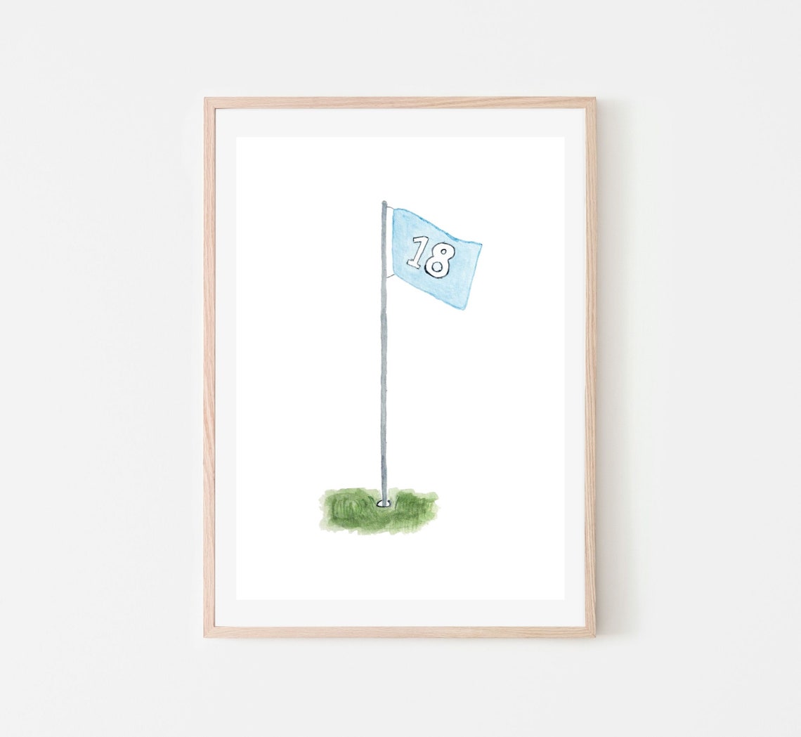 Watercolor 18th Hole Golf Flag and Hole Nursery Decor Art Print | Blue ...