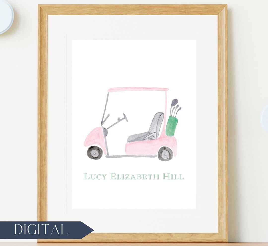 Personalized Watercolor Pink Golf Cart Print for Nursery | Personalized ...