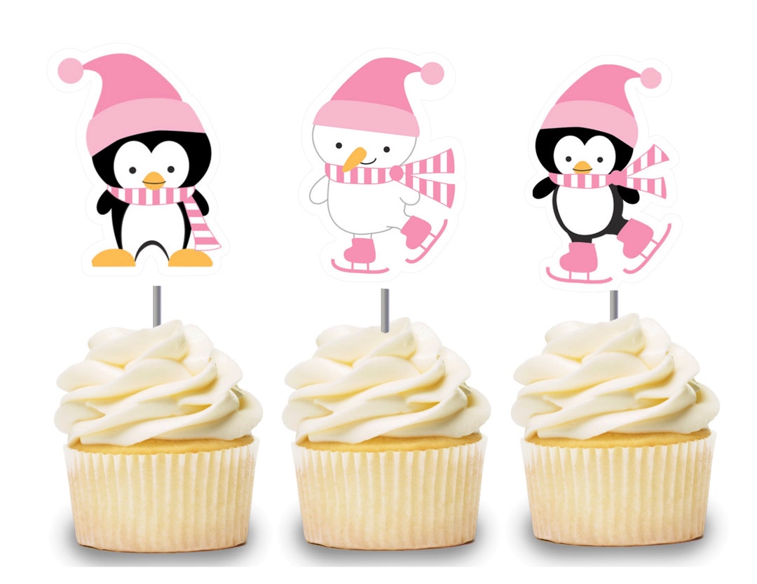 Pink Penguin Cupcake Toppers Ice Skating Cake Picks Winter Wonderland ...