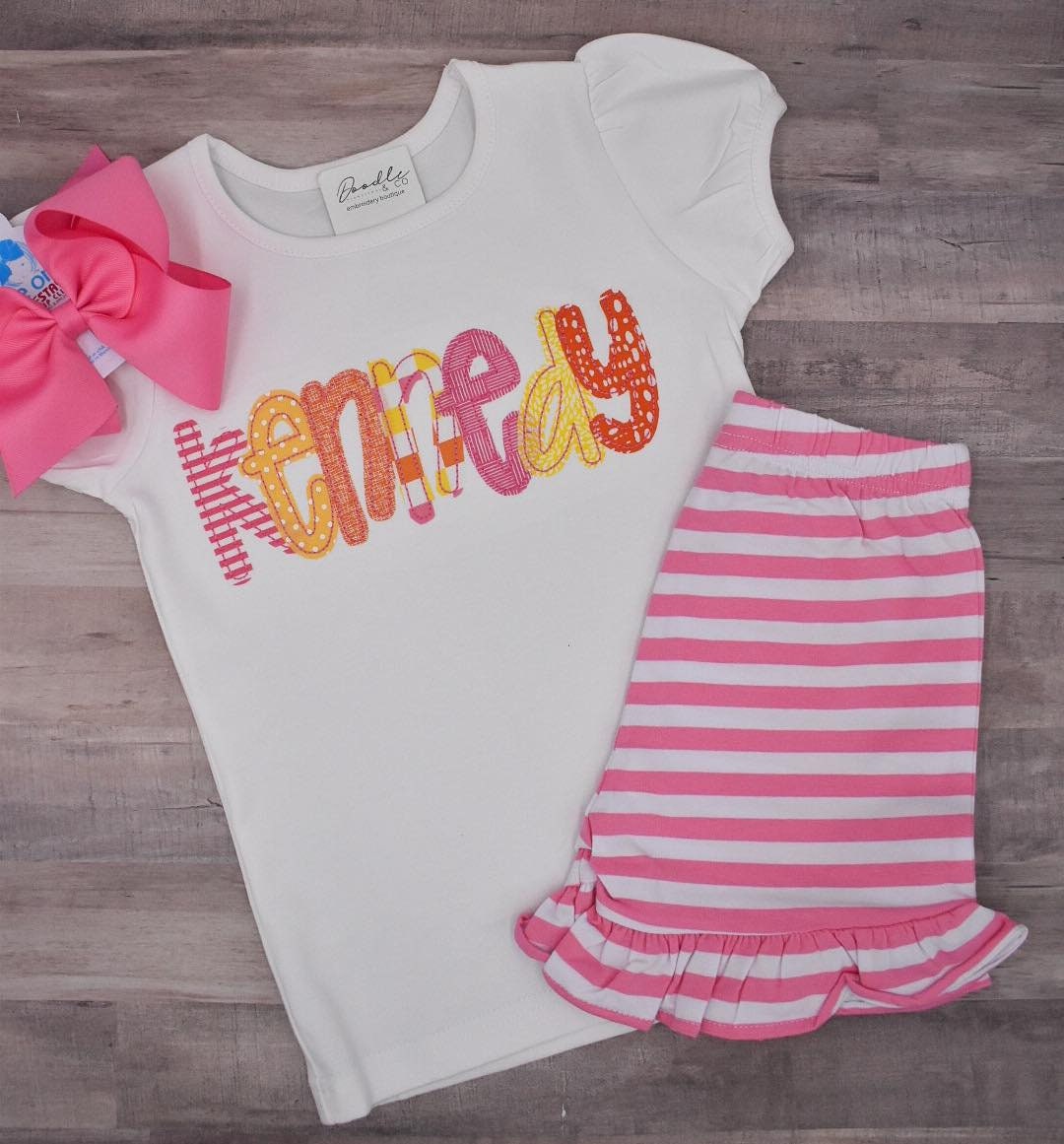 Personalized Name Outfit for Girls | Appliqué Name Shirt & Striped ...
