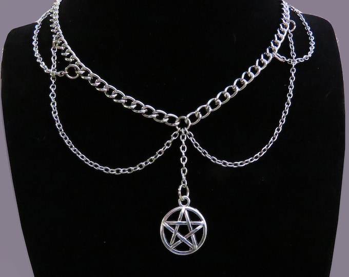 Multi-chain Draped Silver Tone Pentacle Choker - Etsy
