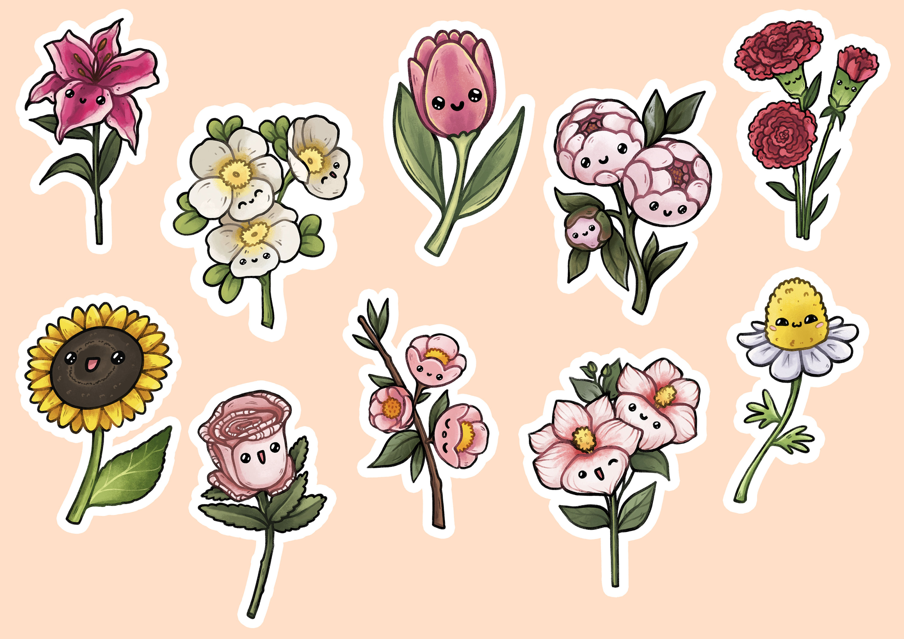 Flowers Kawaii Emotional Emoji Characters Printable Stickers - Etsy