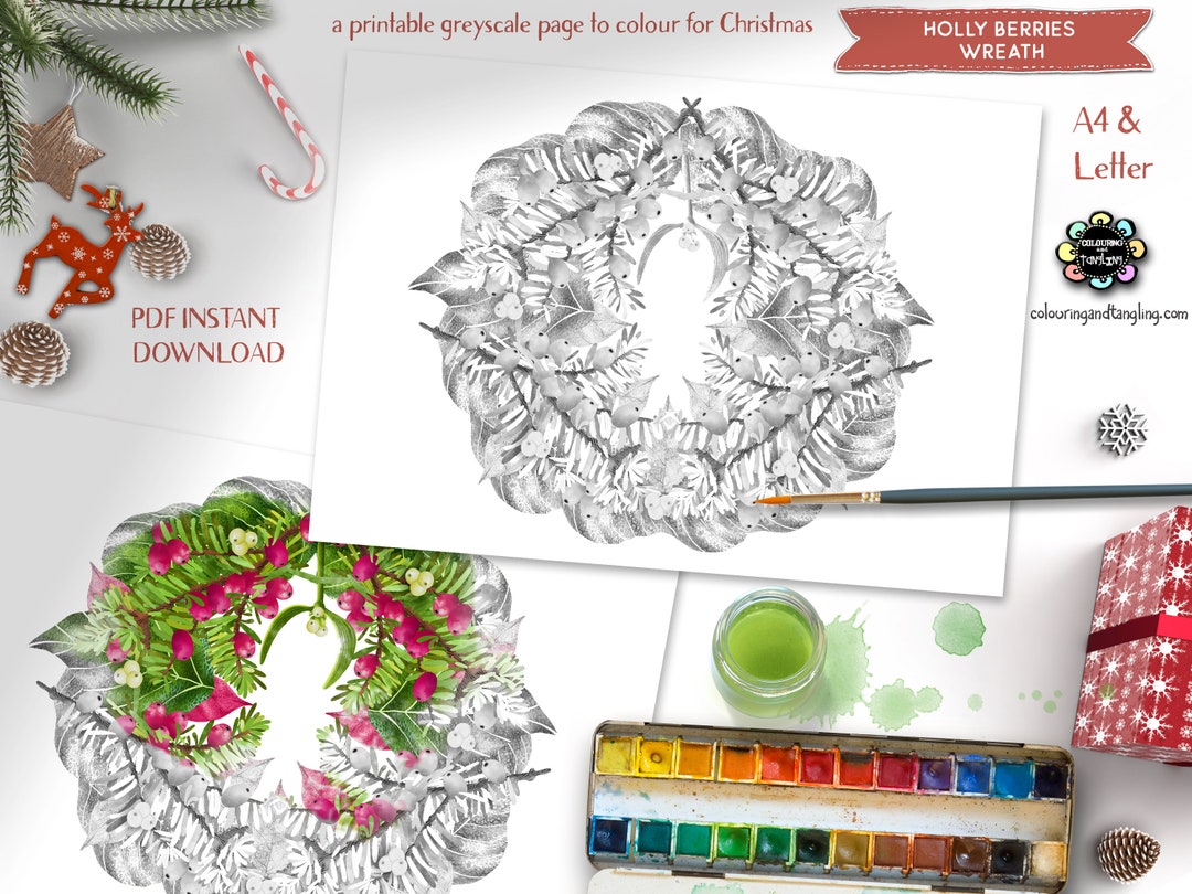 Holly Wreath Coloring Pageprintable Christmas Coloring - Etsy