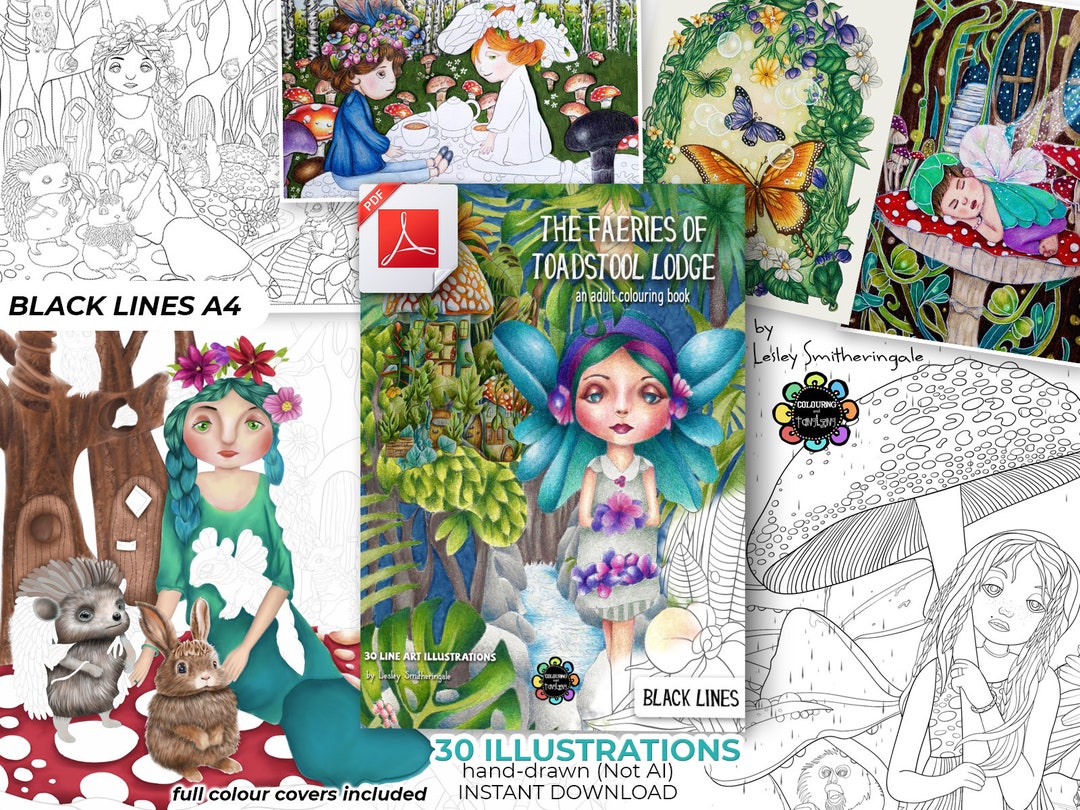 The Faeries of Toadstool Lodge-a4-black Lines,adult Colouring Book ...