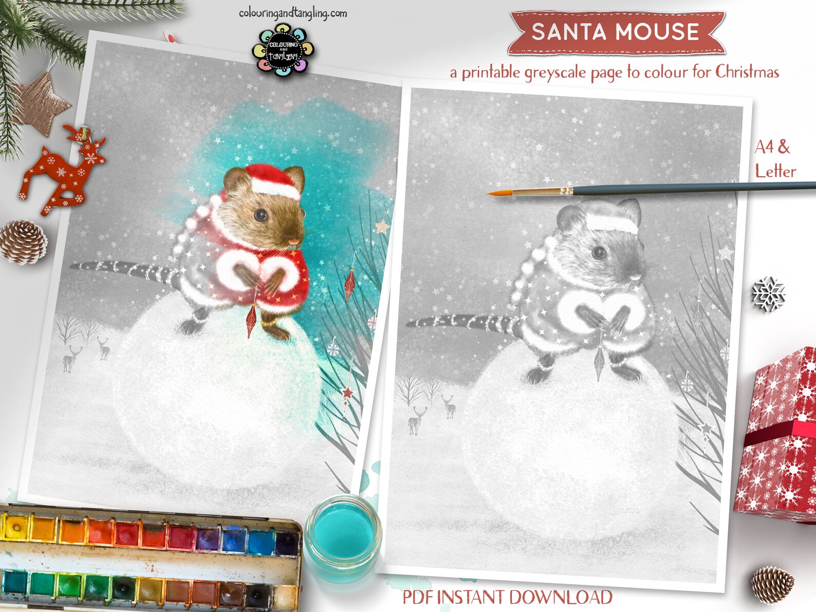 Santa Mouse Coloring Pageprintable Christmas Coloring - Etsy
