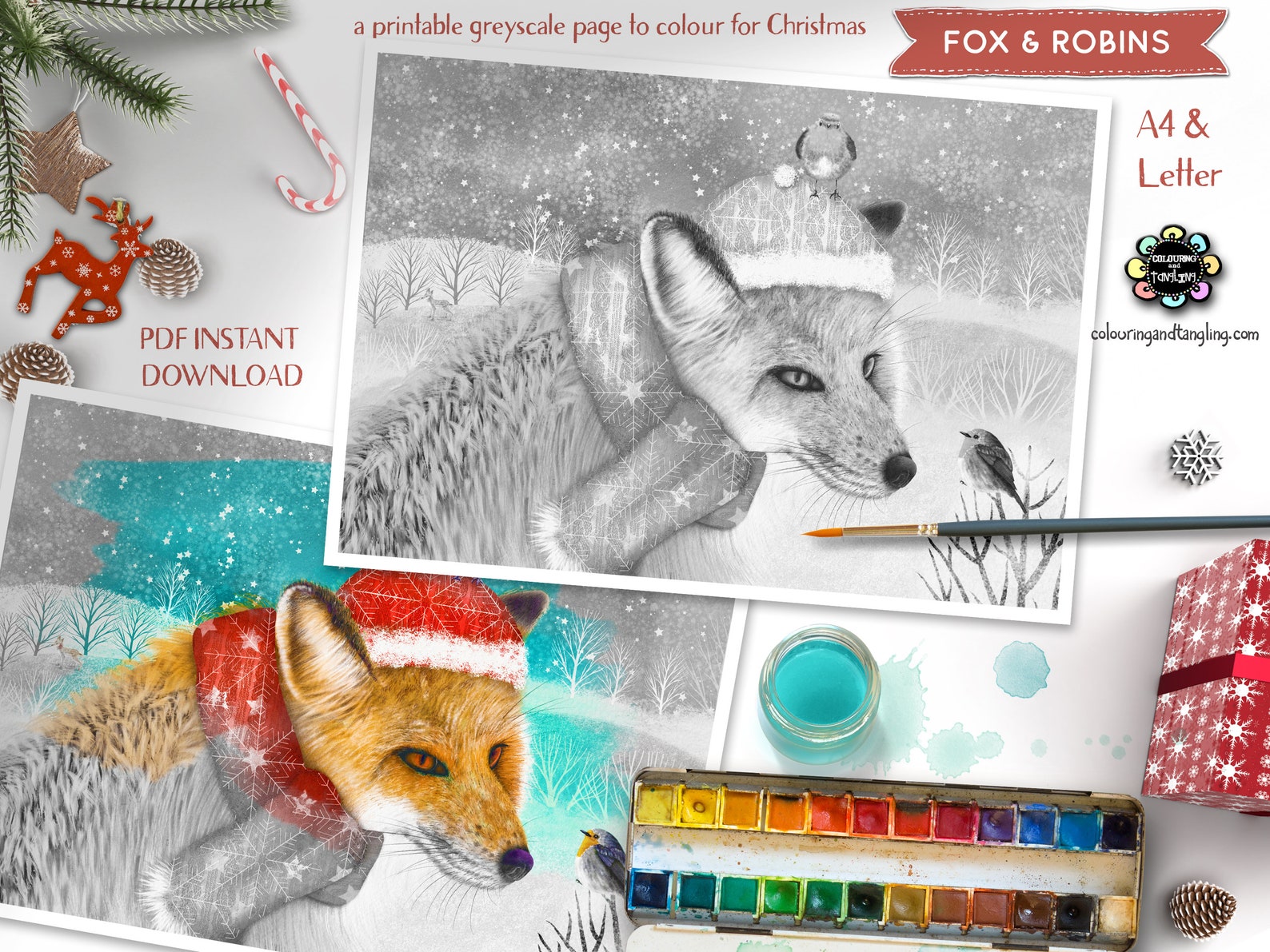 Christmas Fox Coloring Pageprintable Christmas Coloring - Etsy