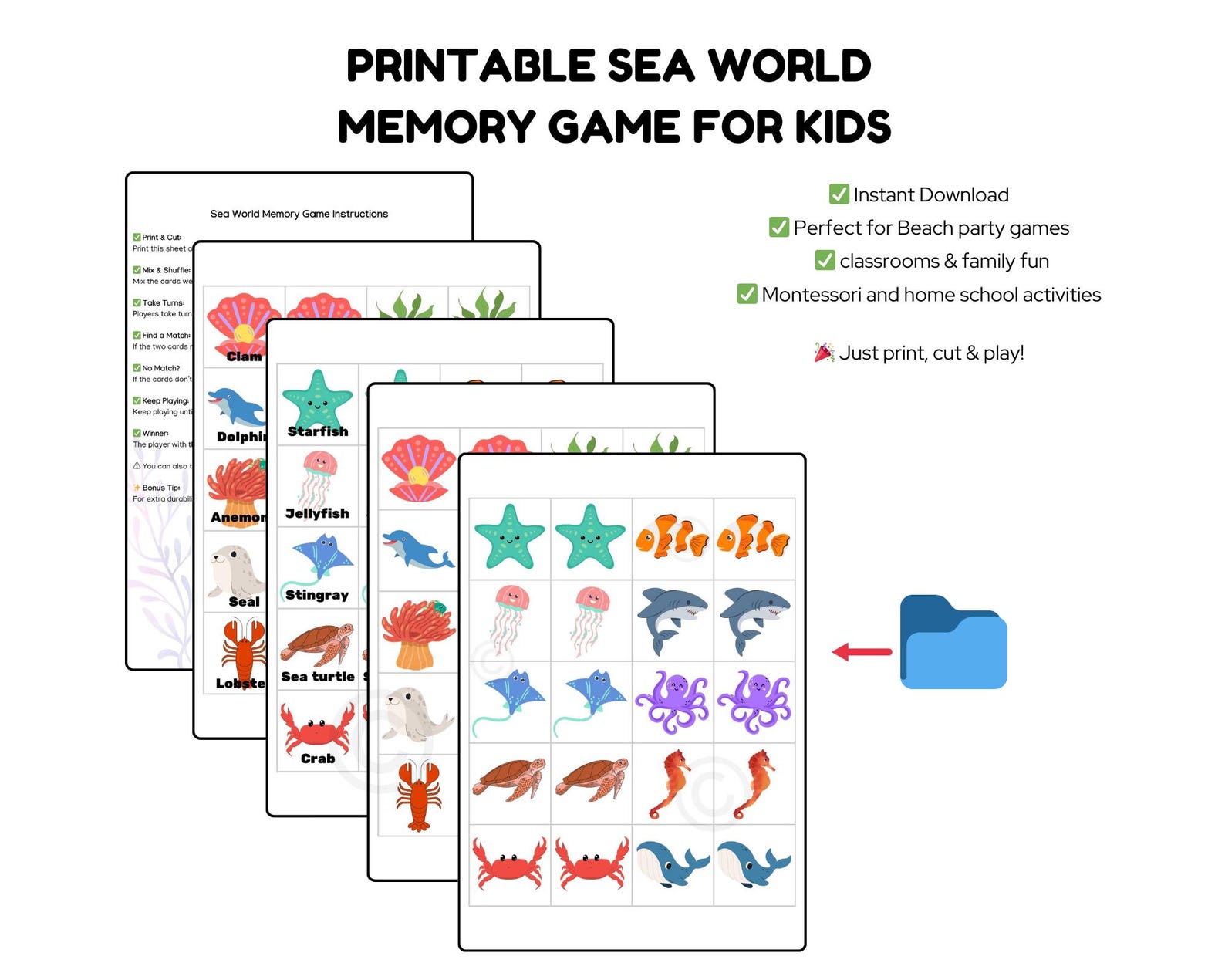 Printable Sea World Memory Game for Kids |ocean Life Matching Cards ...