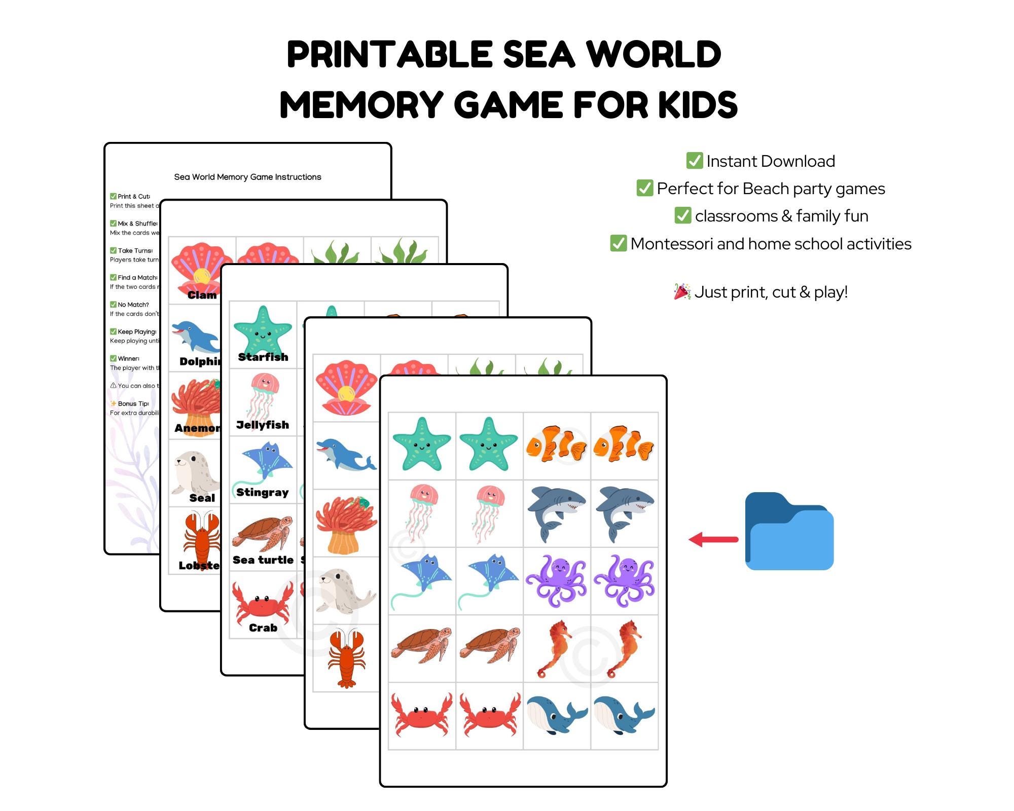 Printable Sea World Memory Game for Kids |ocean Life Matching Cards ...