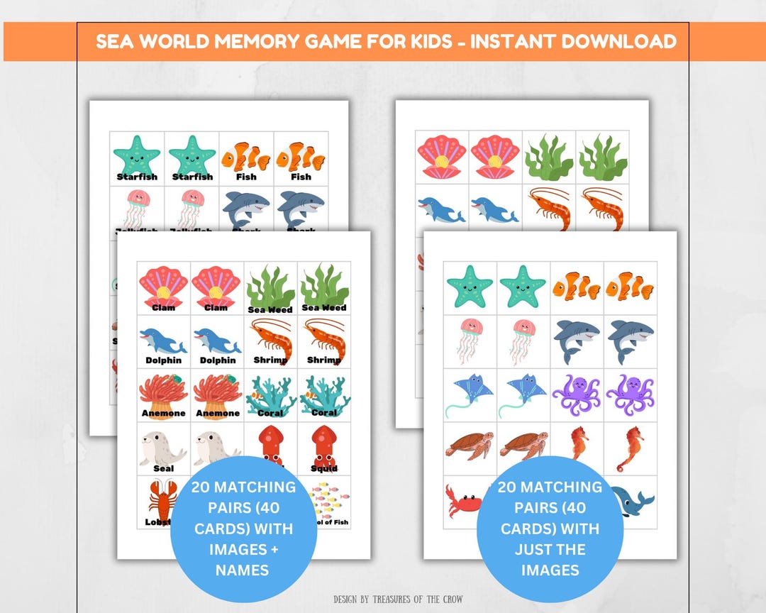 Printable Sea World Memory Game for Kids |ocean Life Matching Cards ...
