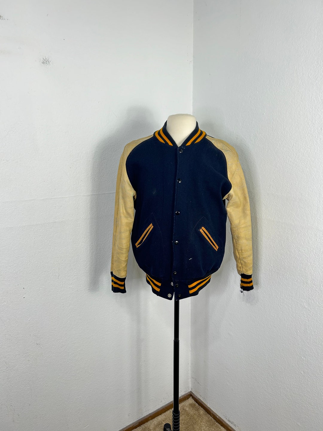 60s Distressed Vintage Varsity Jacket Leather Sleeve Size 42 865473 - Etsy