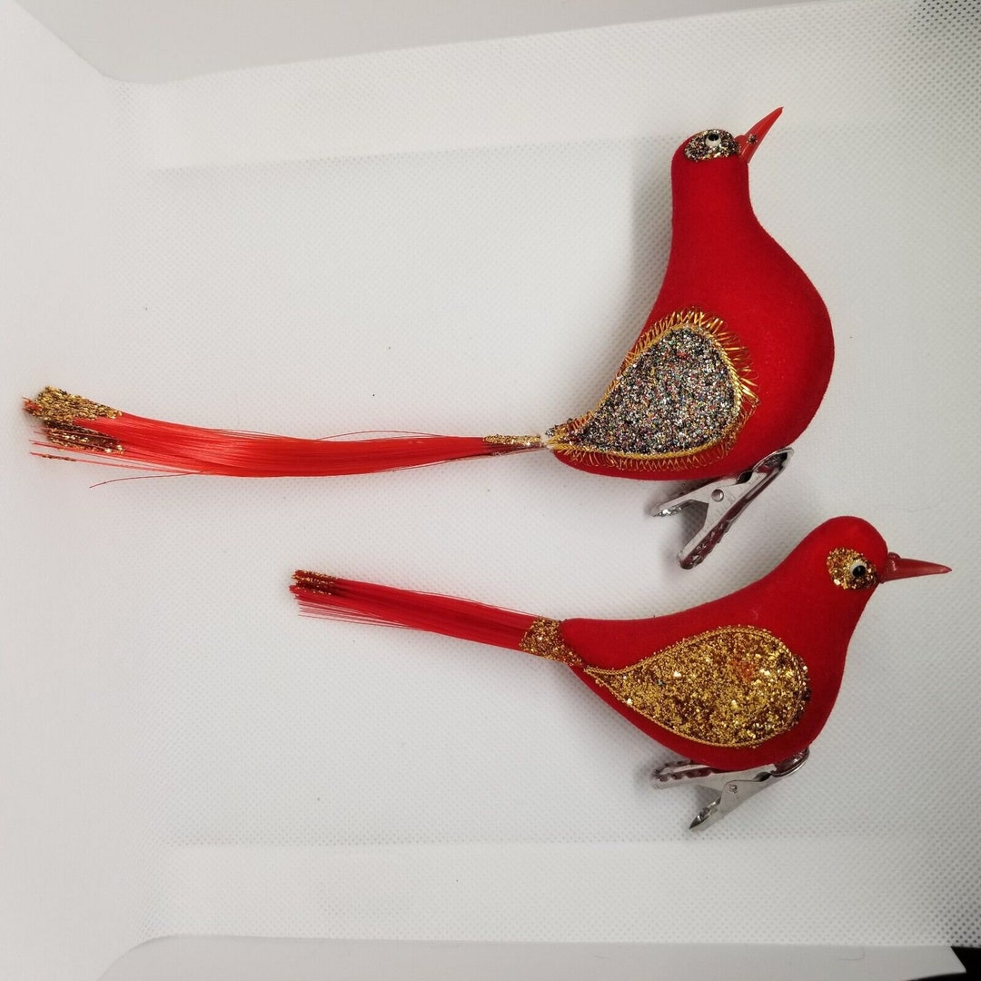 2 Vintage Red Flocked BIRDS Clip on Glitter Wings Fiberglass Tails ...