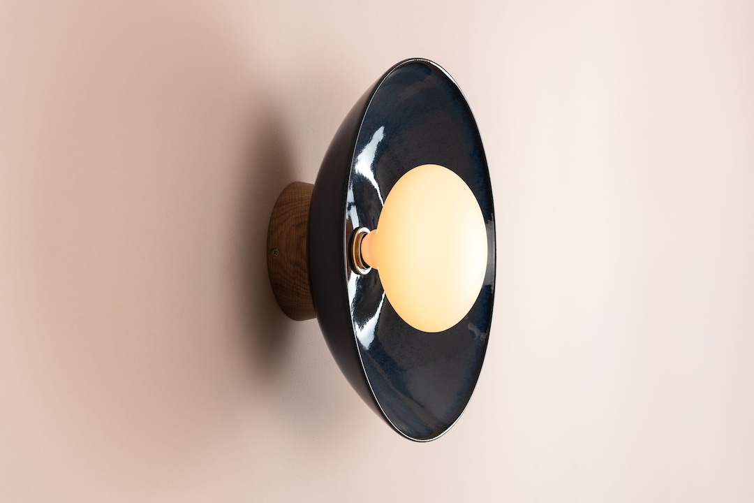 Blue Dawn Wall Light Sconce in Ceramic and Oak - Etsy