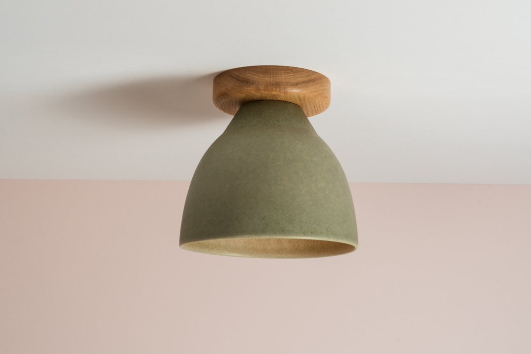 Green Element Flush Mount Ceiling Light in Ceramic and Oak - Etsy